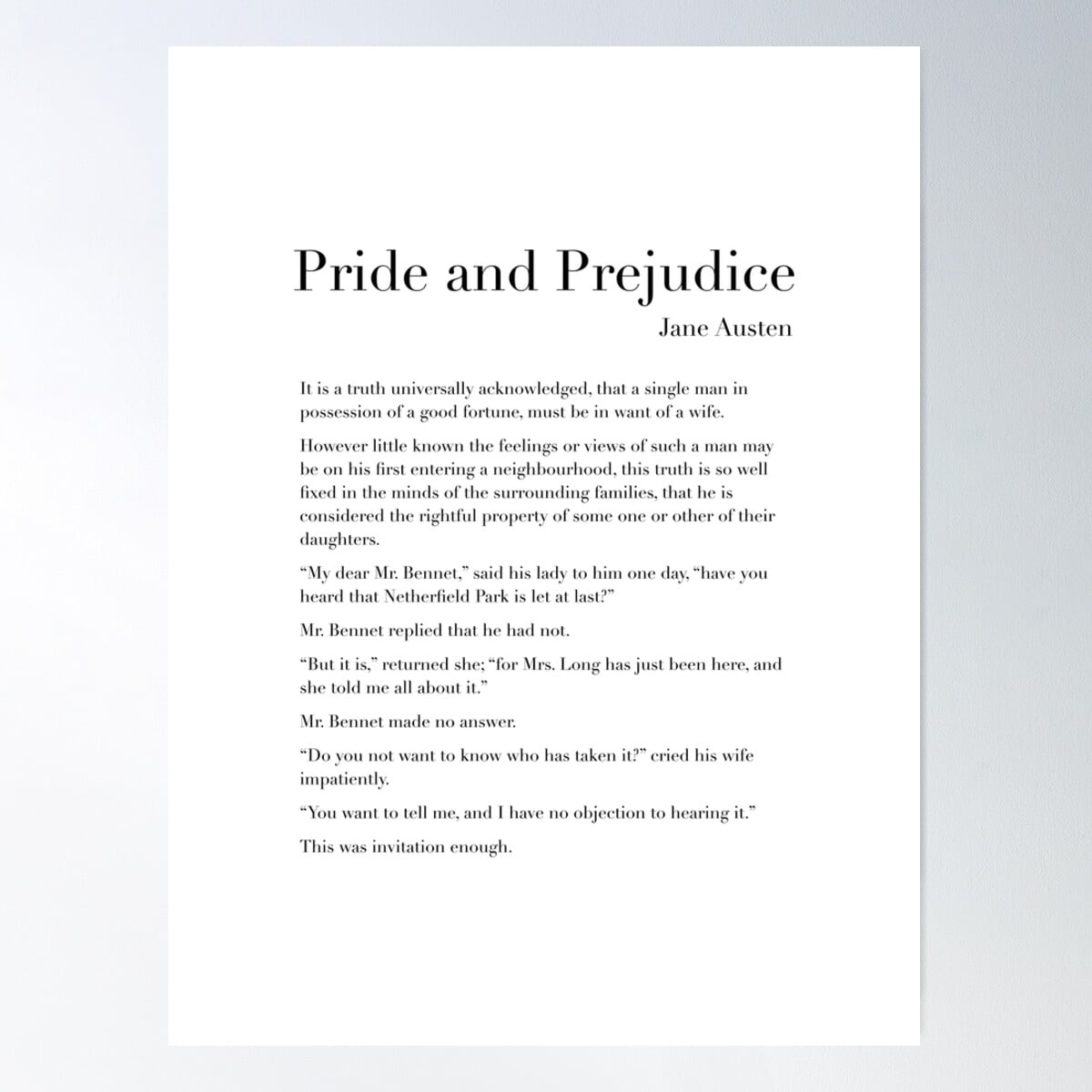 Pride And Prejudice By Jane Austen Poster Wall Art, Modern Wall Decor ...