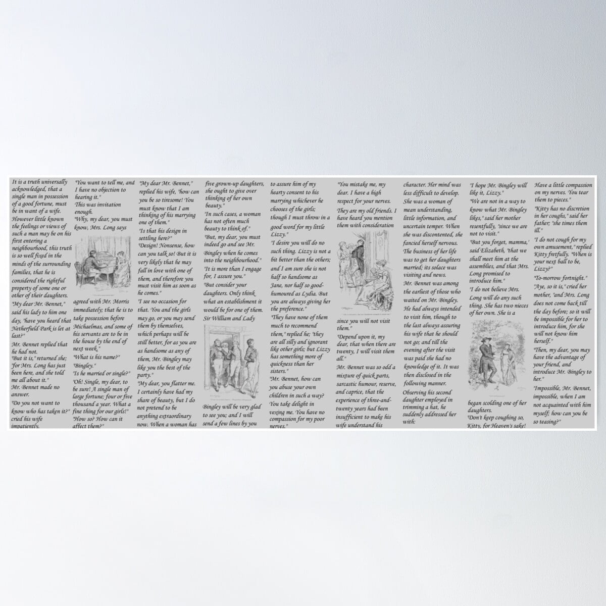 Pride And Prejudice Text And Illustrations Poster Wall Art, Modern Wall ...