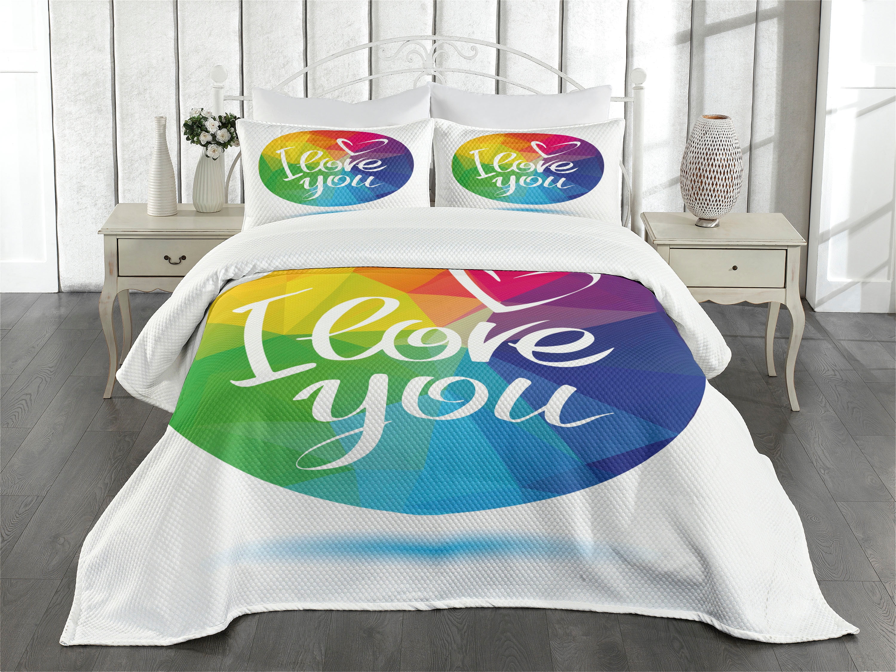Pride Bedspread Set King Size Rounded Polygonal Rainbow Colored