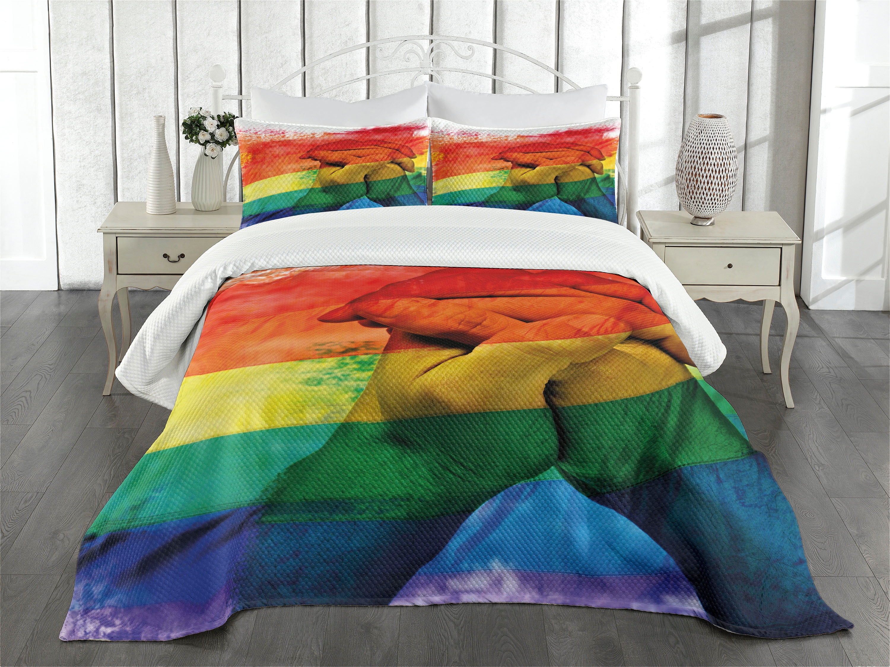 Pride Bedspread Set Queen Size Hands Of Young Men Put Together On