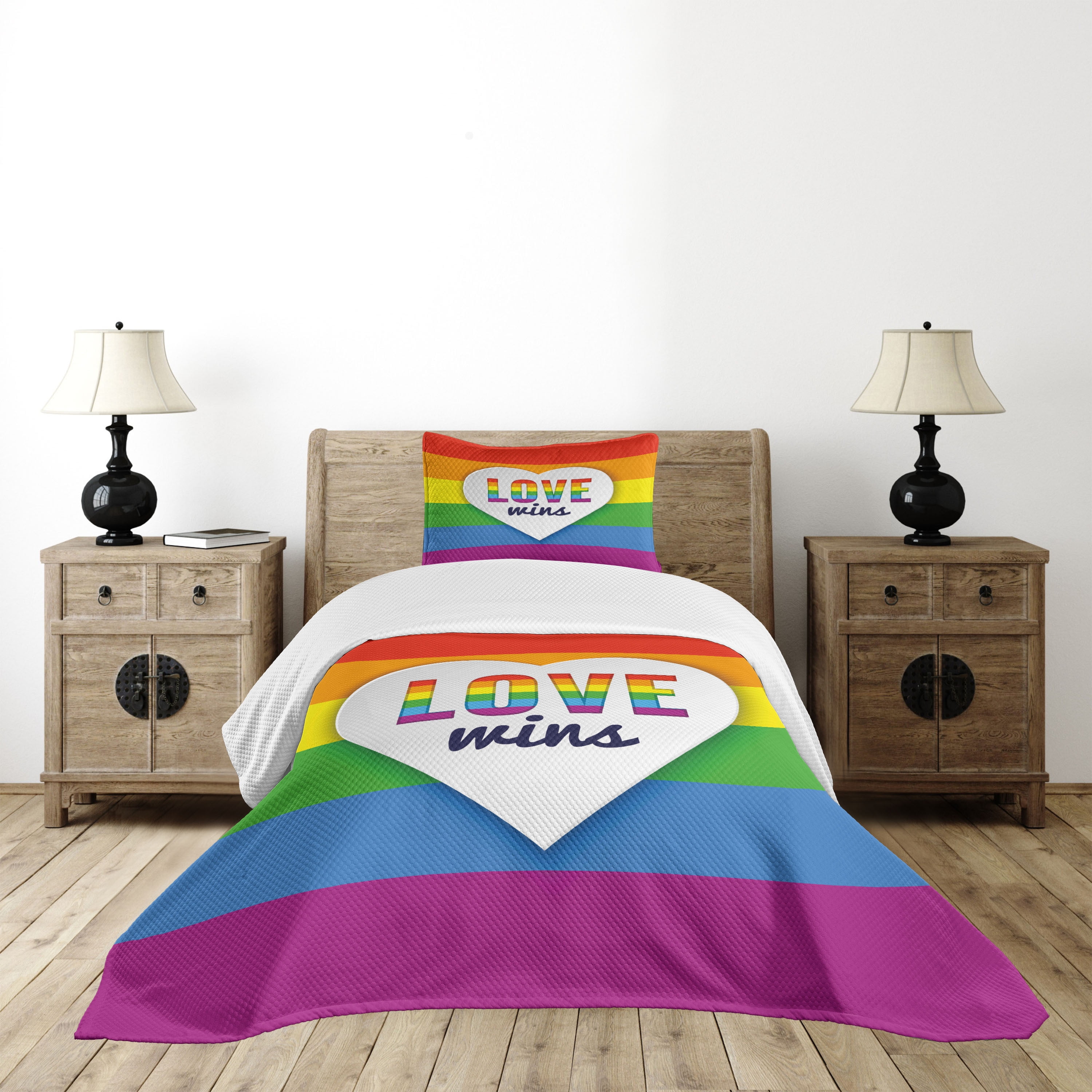 Pride Bedspread Set Twin Size Rainbow Flag With Stripes Heart Symbol