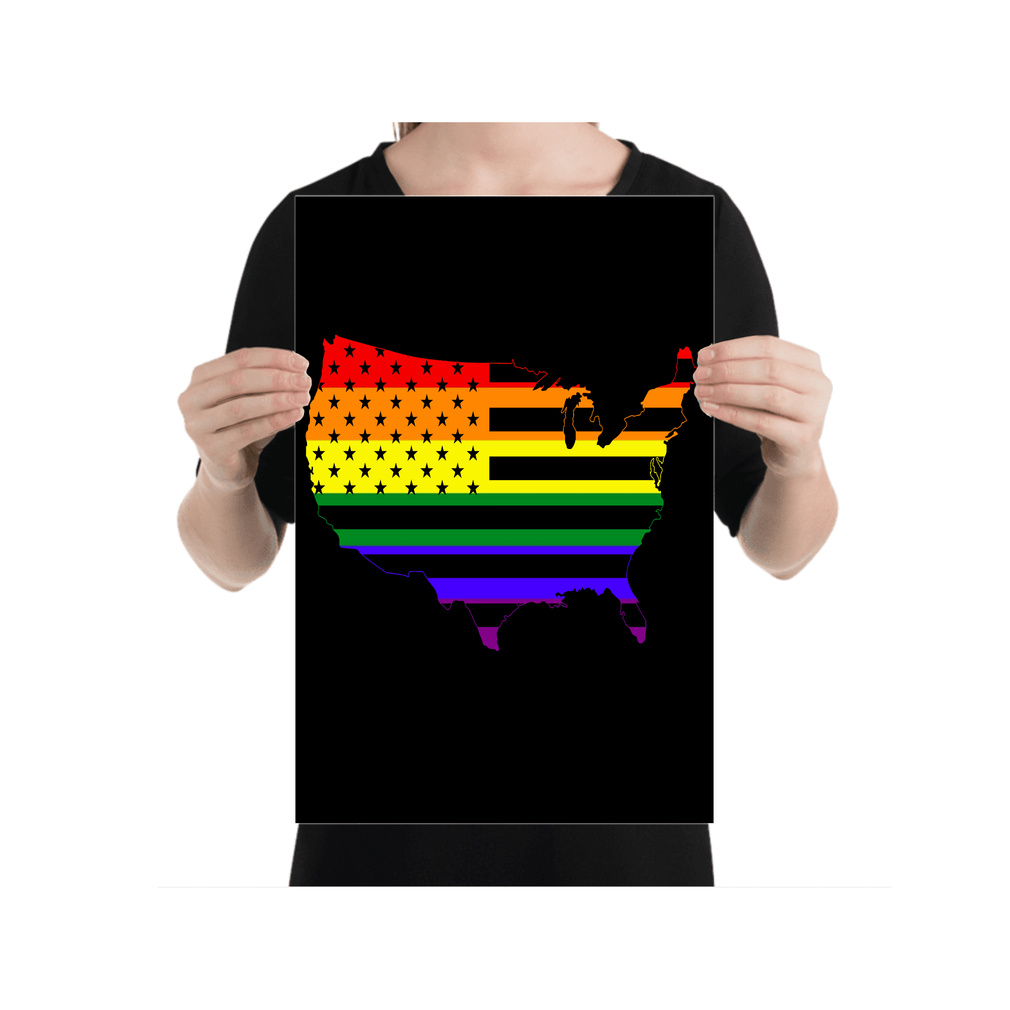 USA Rainbow Pride Poster, 13x19 LGBTQ+ Flag Map Wall Art Print on Black ...