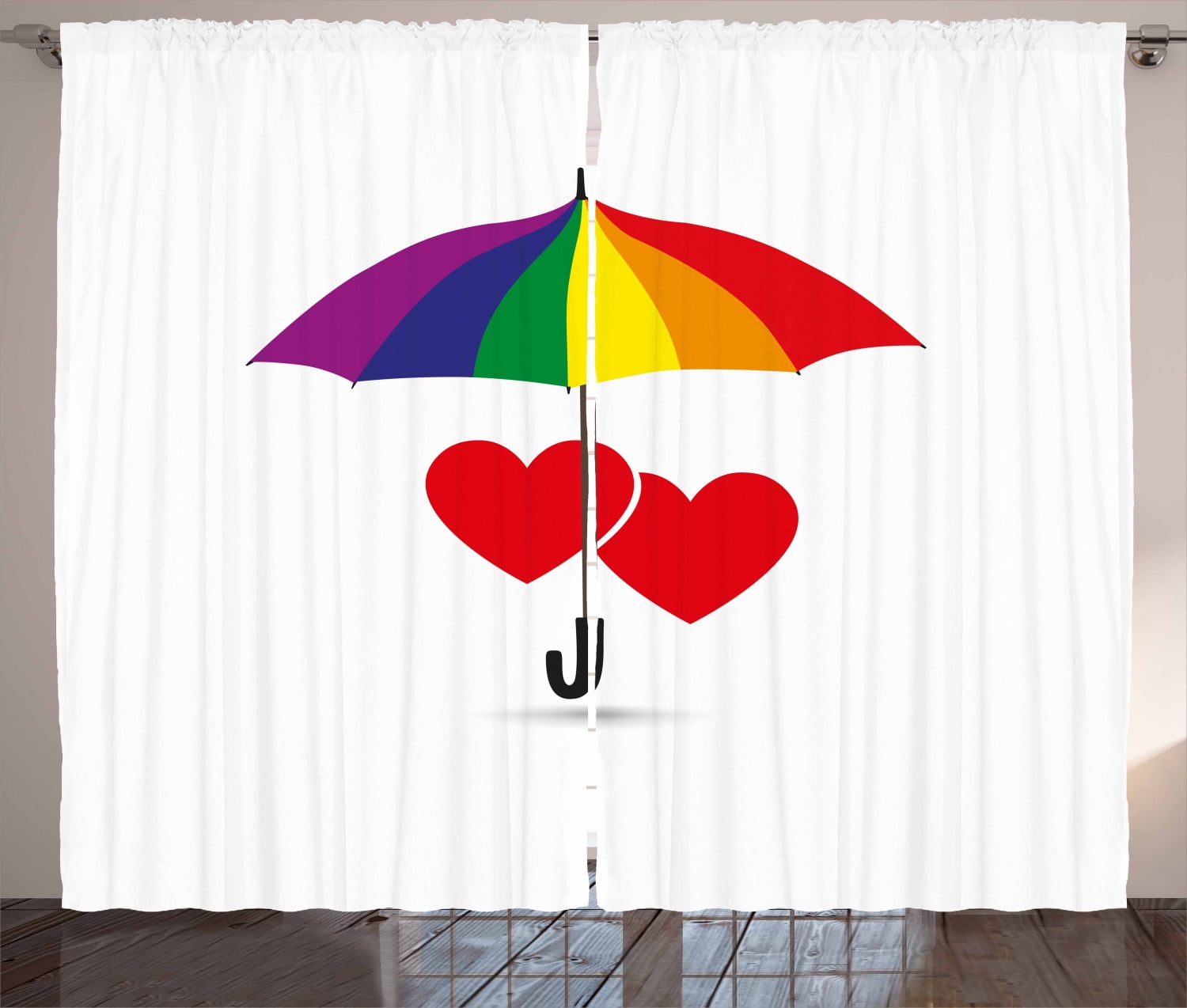 Pride Curtains 2 Panels Set Cute Heart Signs Over Rainbow Umbrella