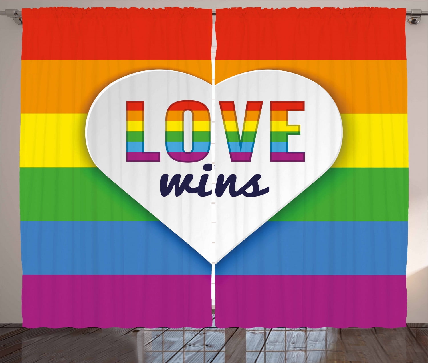 Pride Curtains 2 Panels Set Rainbow Flag With Stripes Heart Symbol