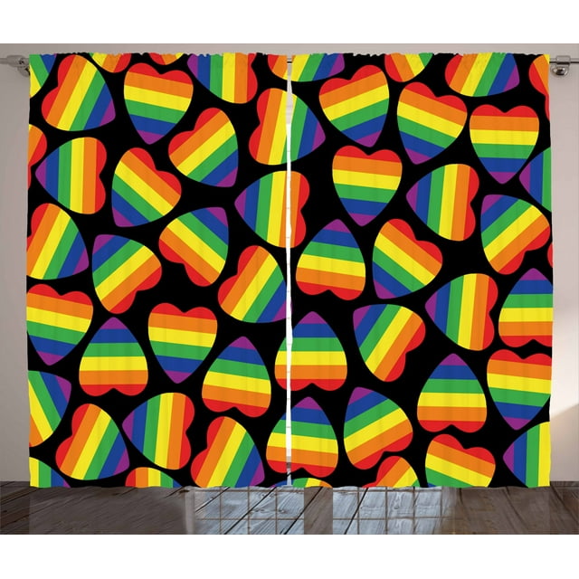 Ambesonne Rainbow Curtains 2 Panel Set Hearts Gay Pride Flag 108 X