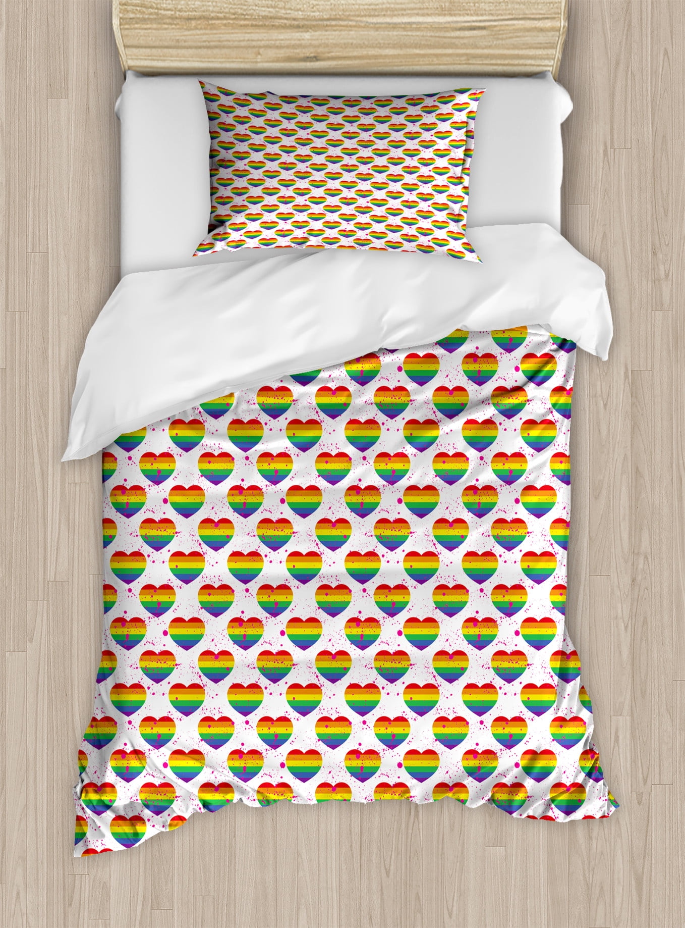 Pride Day Duvet Cover Set, LGBT Rainbow Hearts Valentines Watercolor ...