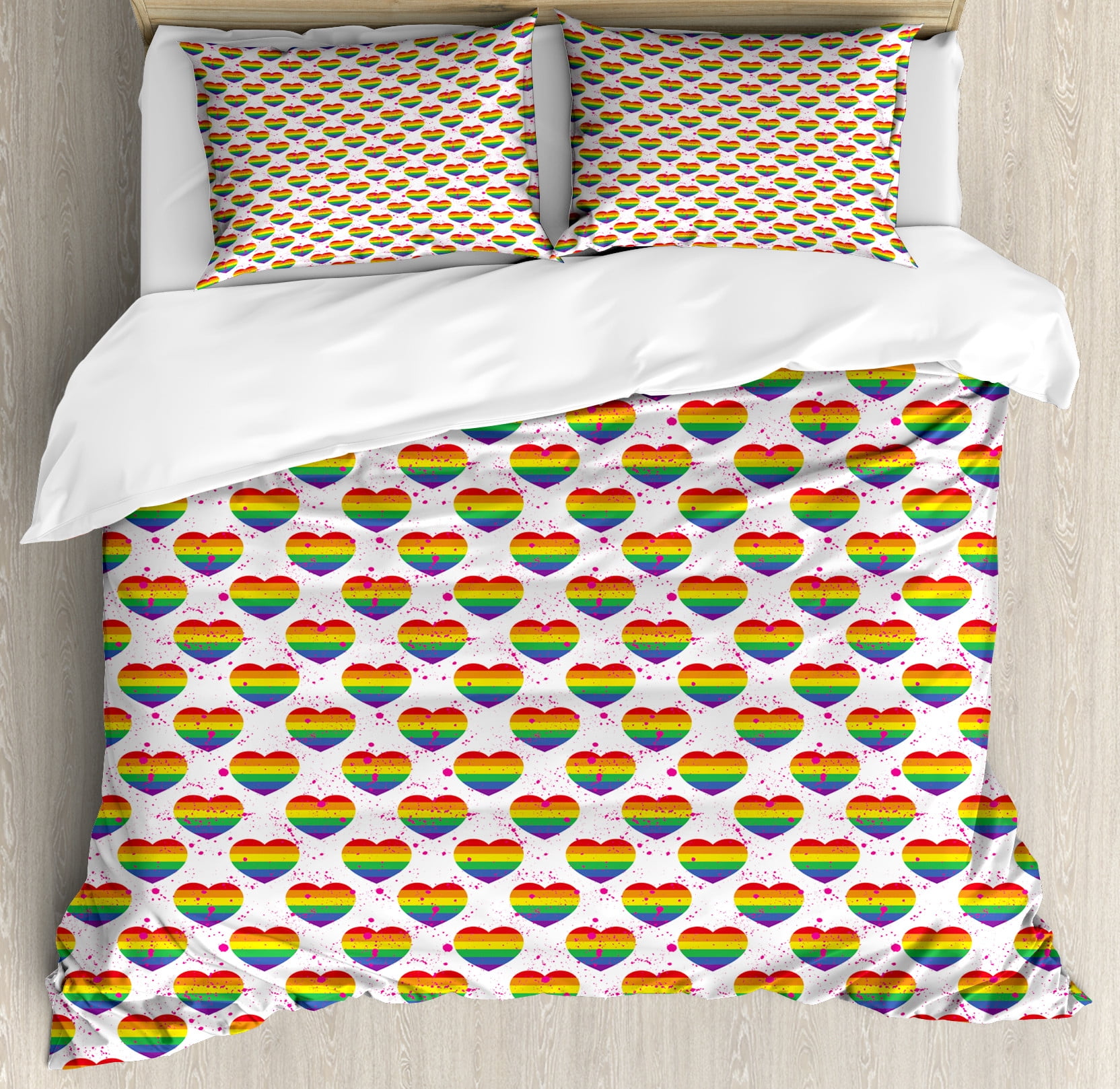 Pride Day Duvet Cover Set, LGBT Rainbow Hearts Valentines Watercolor ...