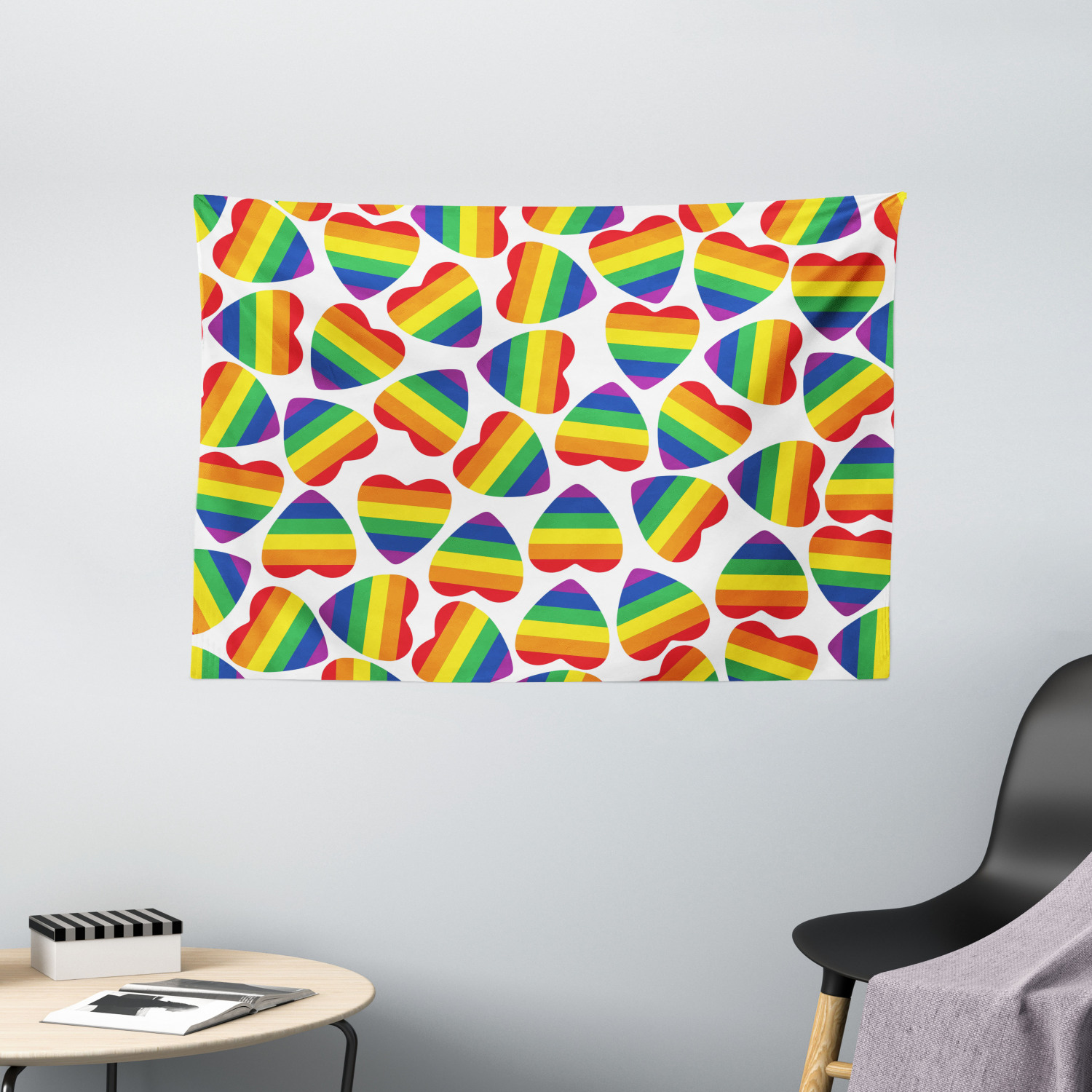 Pride Decorations Tapestry, Cute Heart Shapes in LGBT Colors Striped ...
