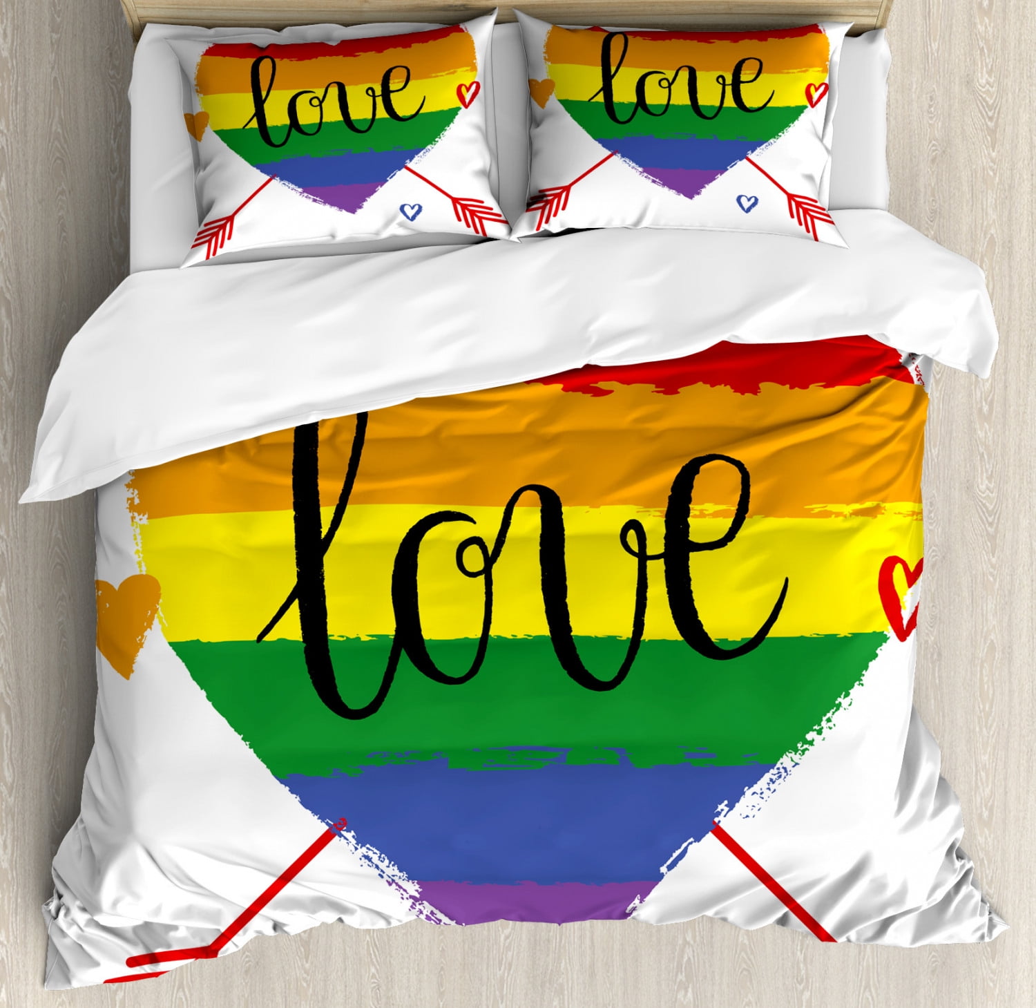 Pride Duvet Cover Set Queen Size, Hand Drawn Rainbow Heart with Arrows ...
