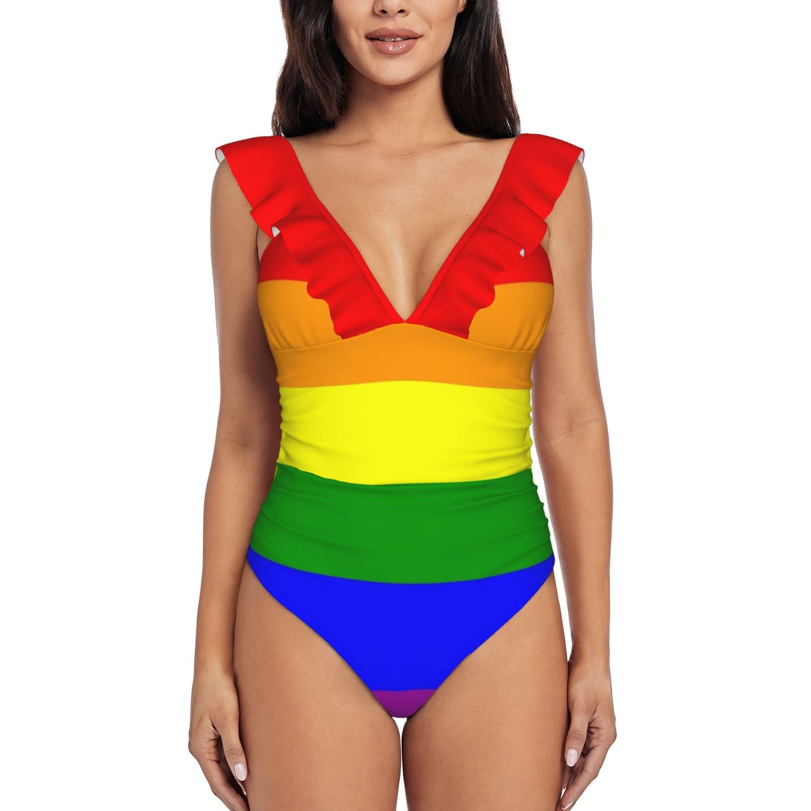 Pride Flag Lgbt Pride Flag One Piece Swimwear One Shoulder Ruffle