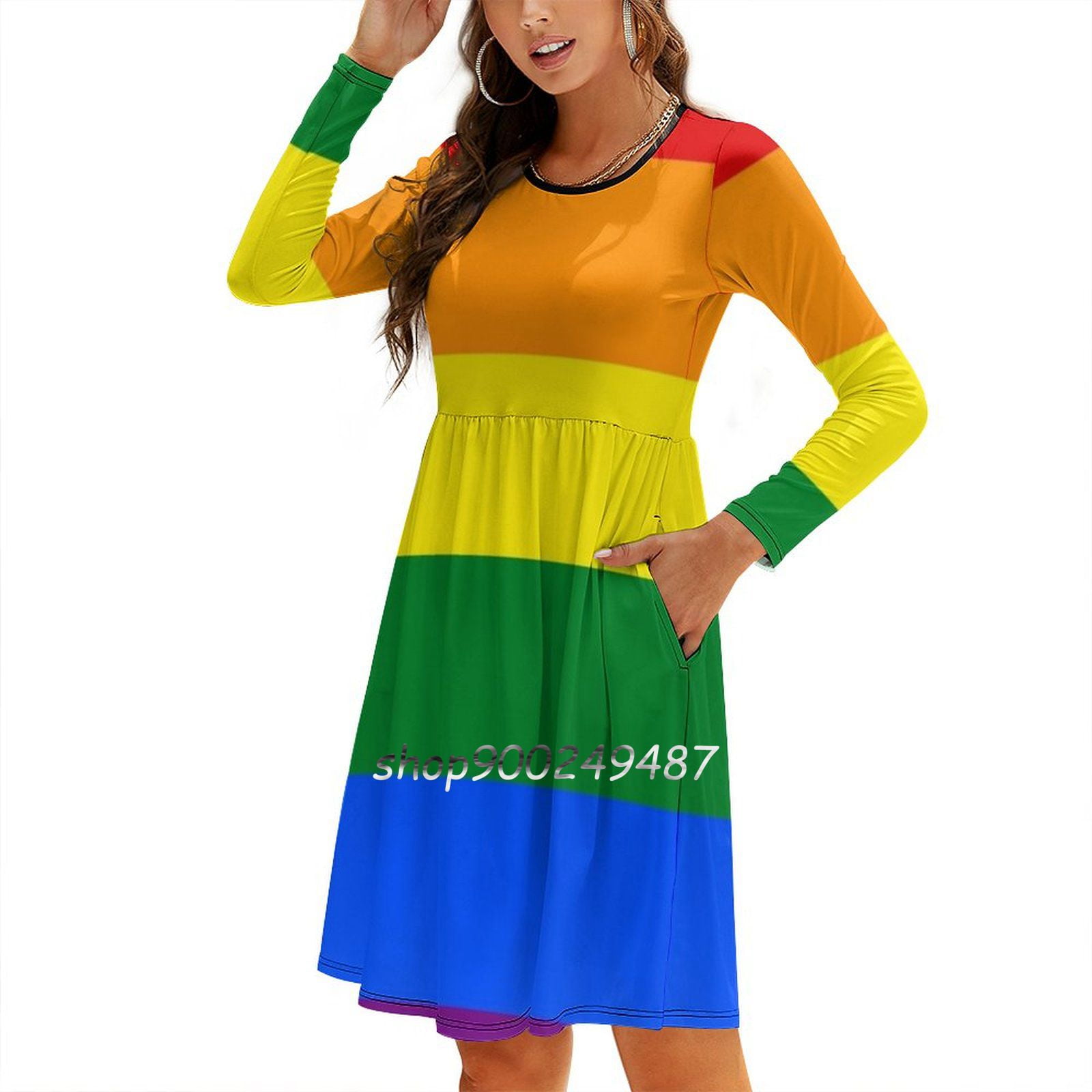 Pride Flag Sweet Elegant Dress Women Korean Kawaii Square Collar Dress ...
