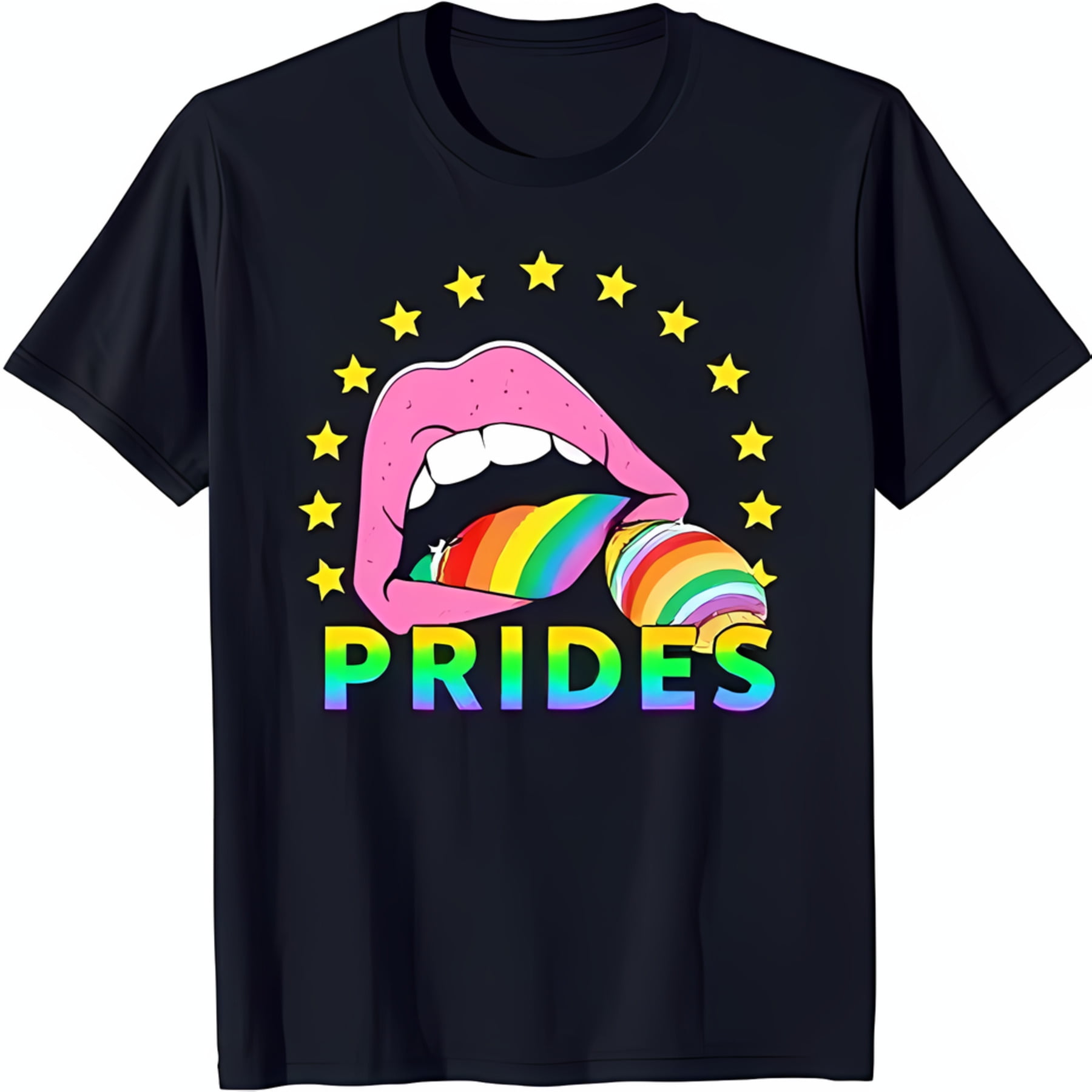 Pride Lollipop T-Shirt Pink Mouth & Yellow Stars Design Black Tee ...
