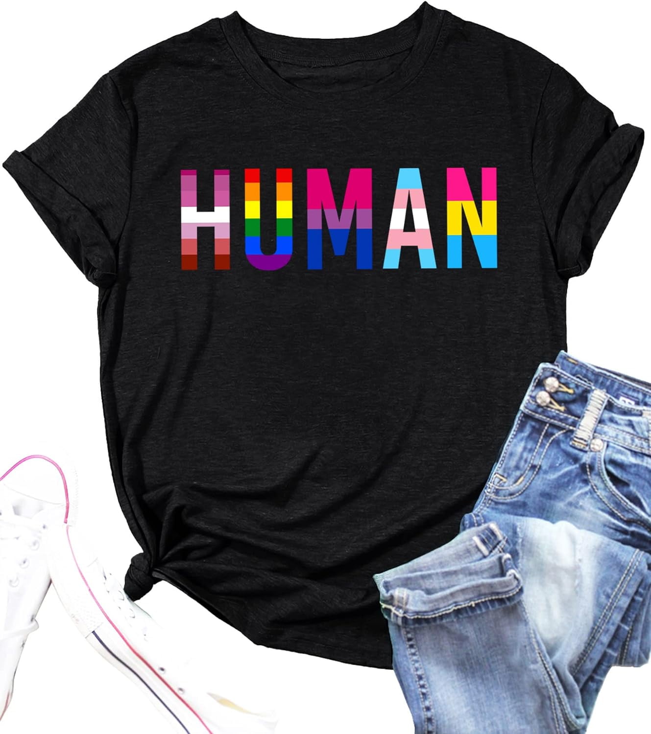 Pride Shirts for Women Human LGBT T-Shirt Rainbow Graphic Tee Shirt ...