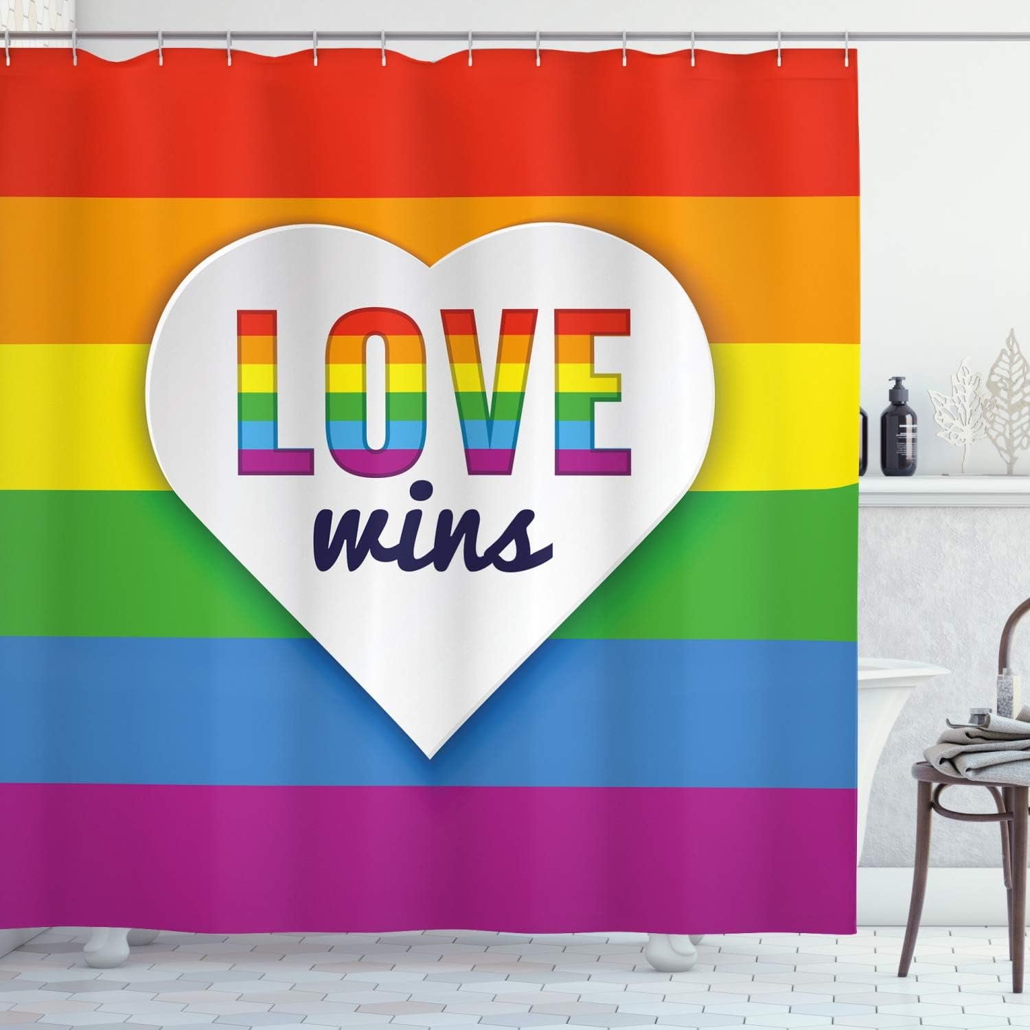 Pride Shower Curtain, Rainbow Flag with Stripes Heart with Love Wins ...