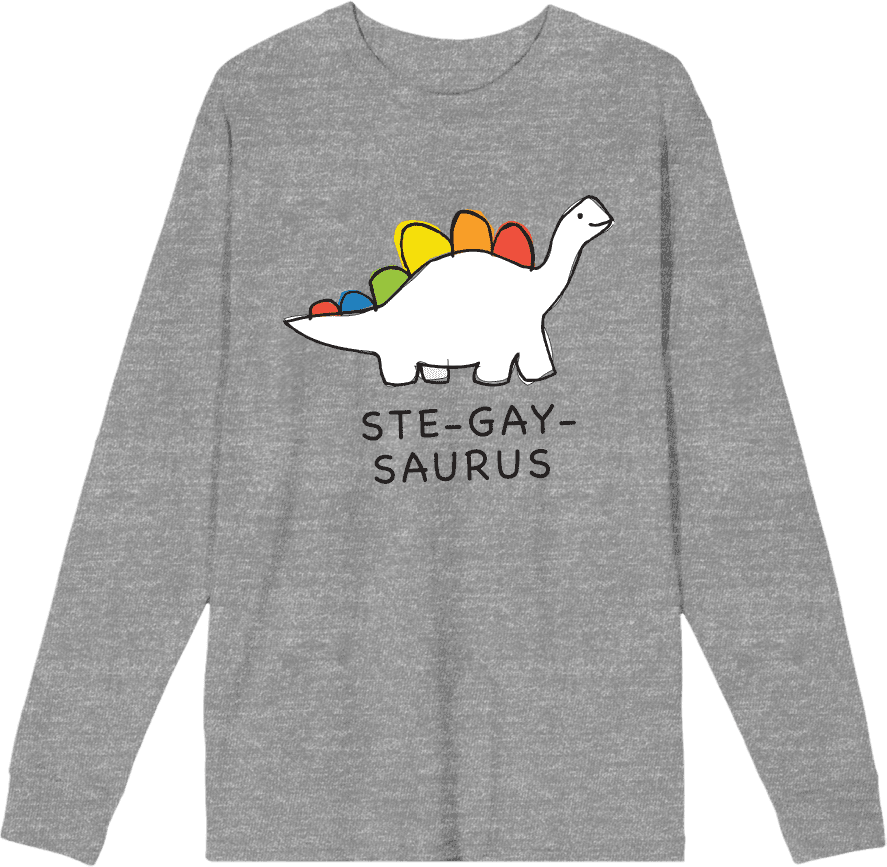 Pride Ste-Gay-Saurus Crew Neck Long Sleeve Heather Gray Adult Tee ...