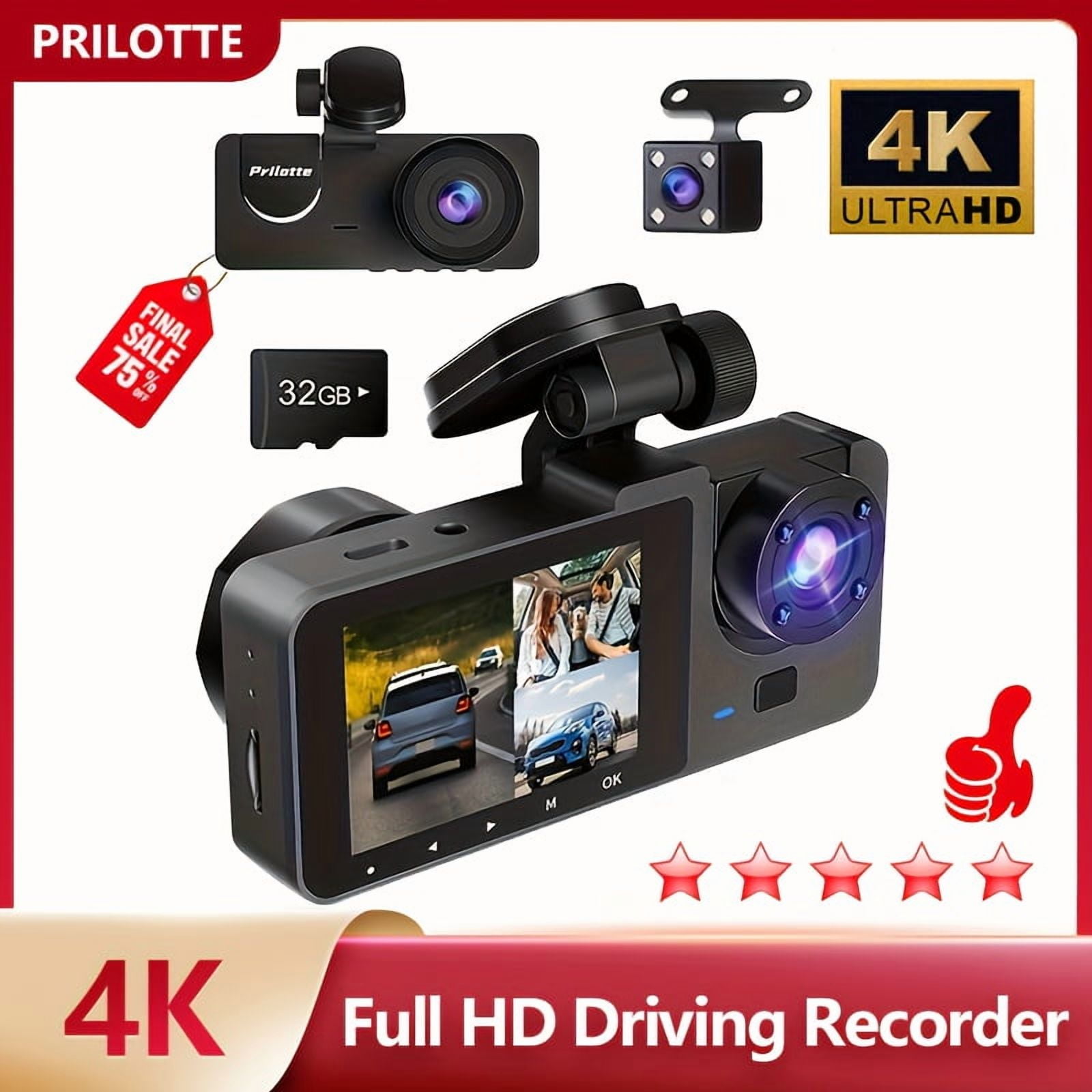 Prilotte 2K/4K Triple Car Dash Cam with IR Night Vision, 2.10" IPS ...