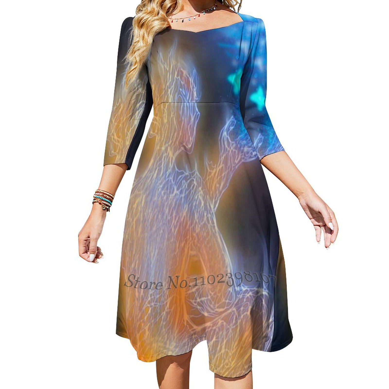 Primal Fire Flare Dress Square Neck Dress Elegant Female Fashion ...
