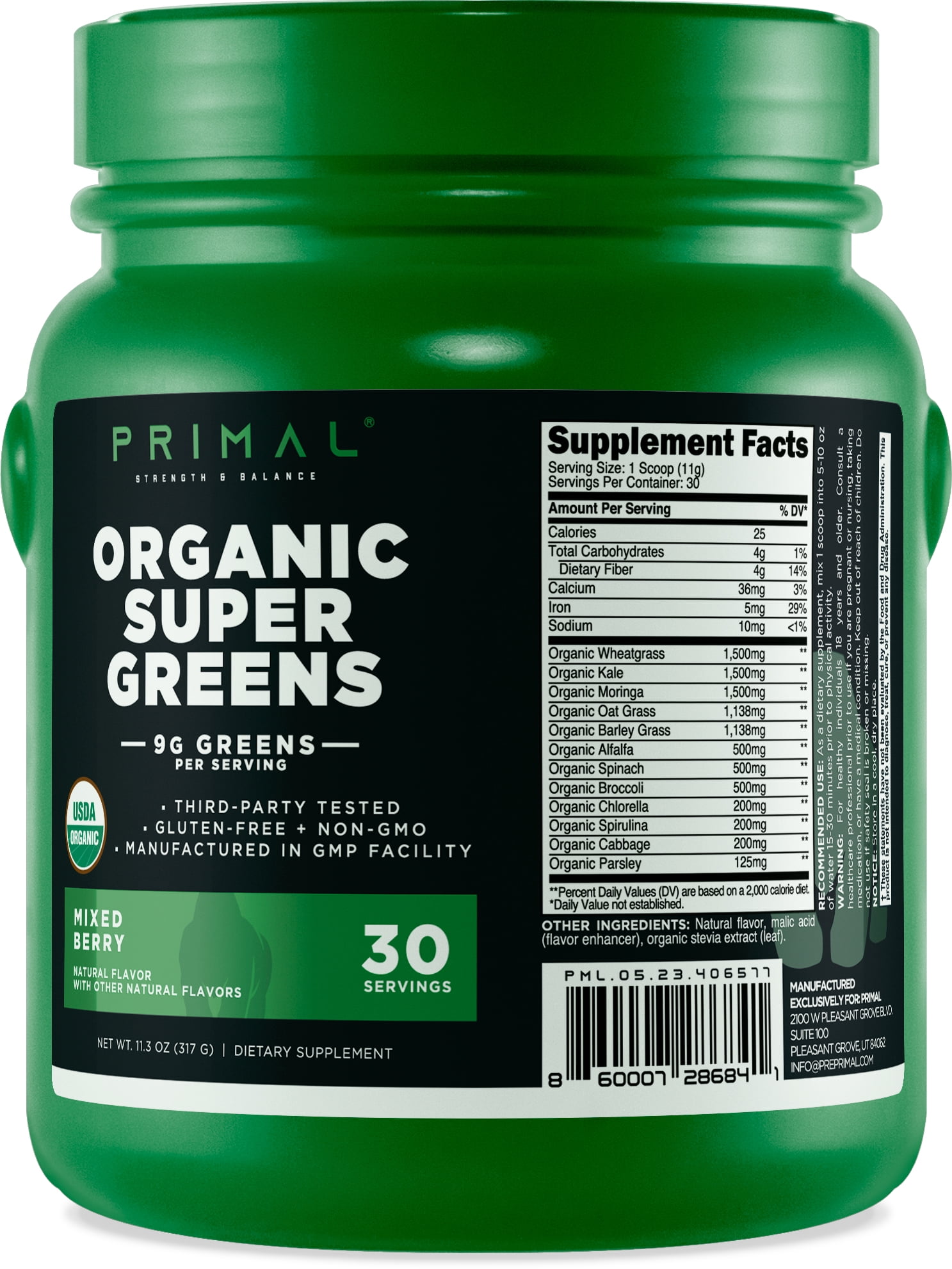 Primal Organic Super Greens (30 Servings) (Mixed Berry Flavor) - Gluten ...