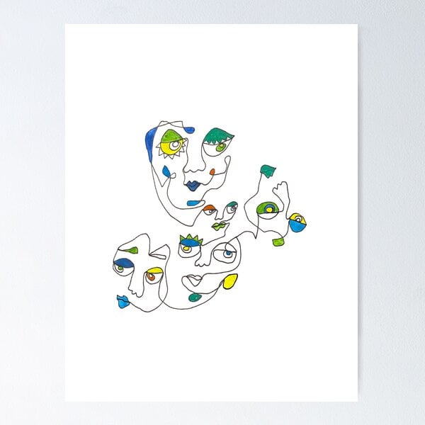 Primary Feelings | Contour Line Drawing Of Abstract Faces Poster Wall ...
