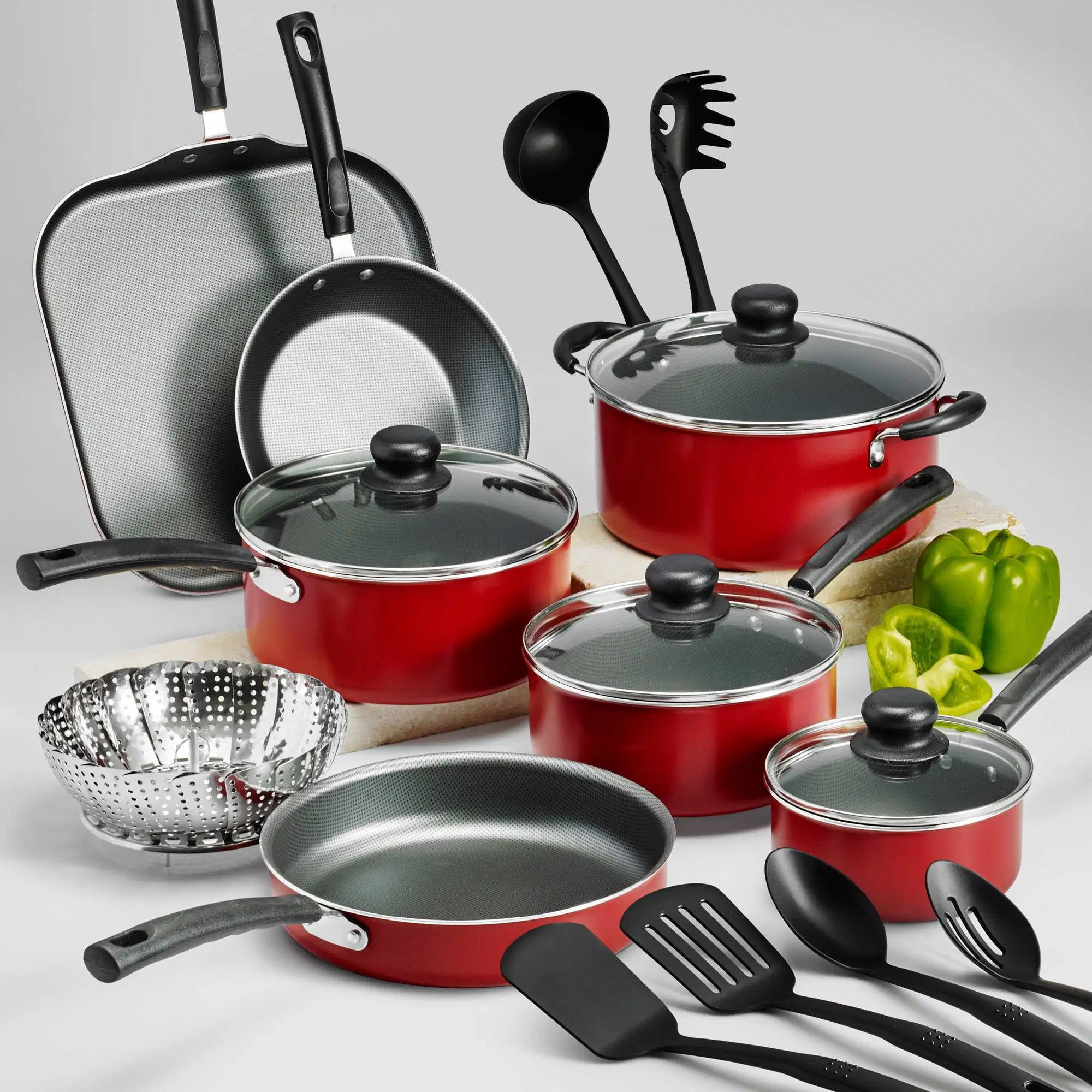 Ink Craft Primaware Nonstick Cookware Set, 18 Pieces, Steel Red ...