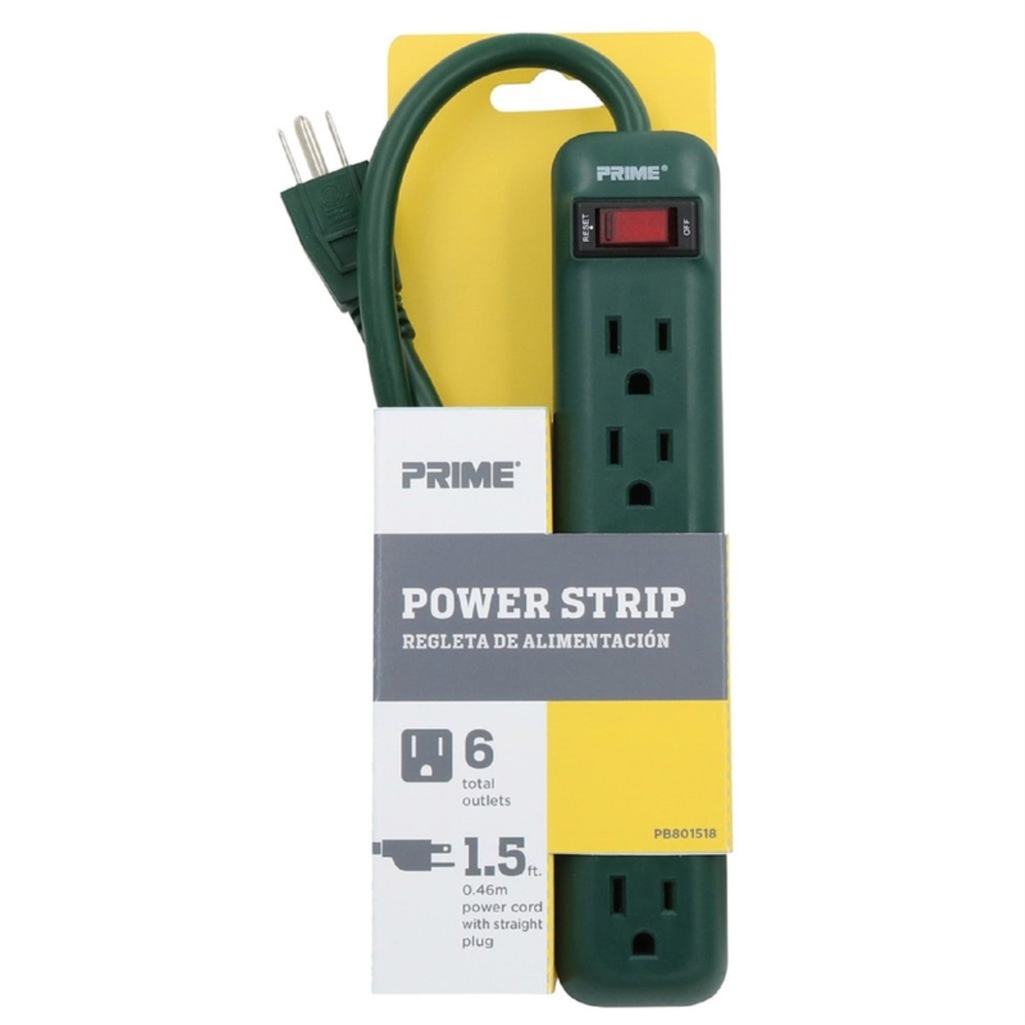 Prime 1.5 ft. L 6 outlets Power Strip Green - Walmart.com