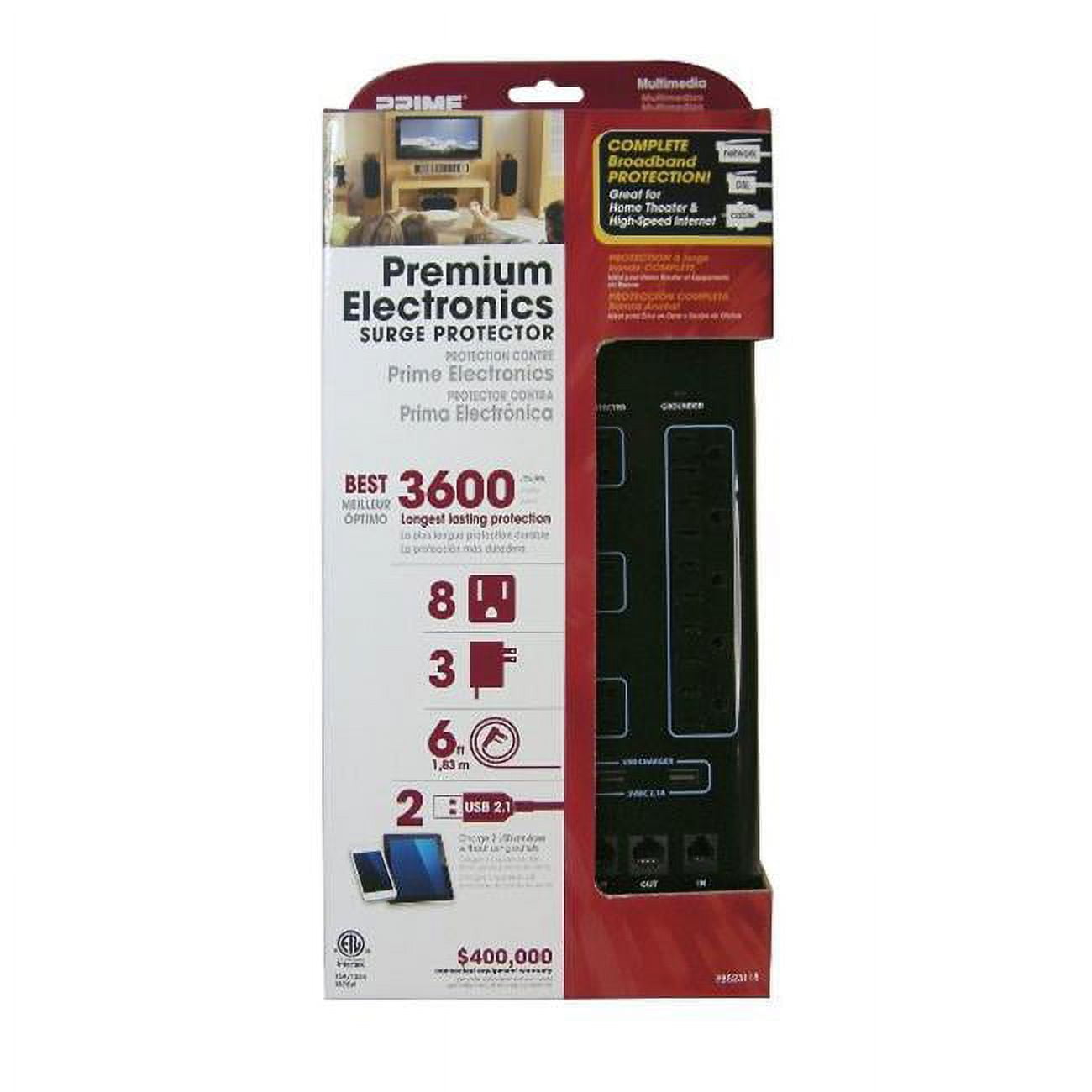 Prime 8-Outlet 3600J Black Multimedia Surge Protector: Computer ...