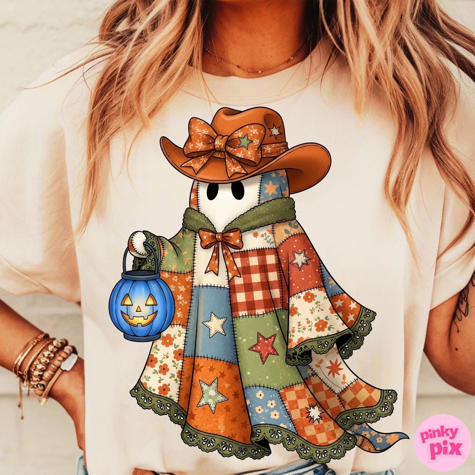 Prime Delica Patchwork Ghost T-shirt, Western Cowgirl Halloween Ghost T ...