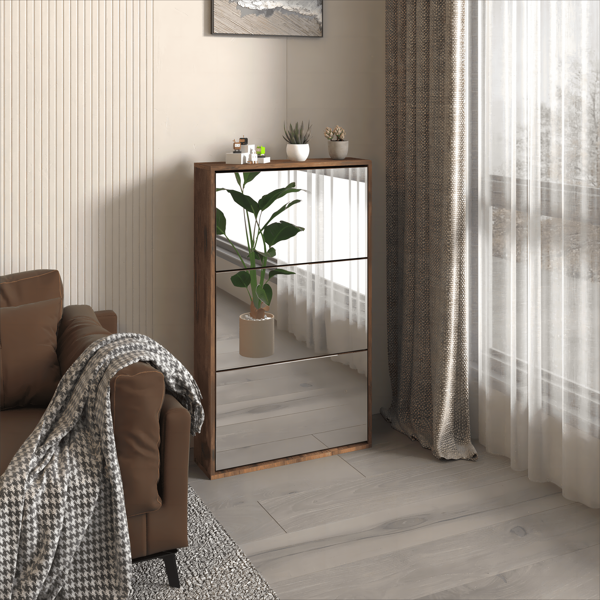 Prime Garden Mirror Shoe Cabinet, Mirrored Shoe Rack with 3 Tier for ...