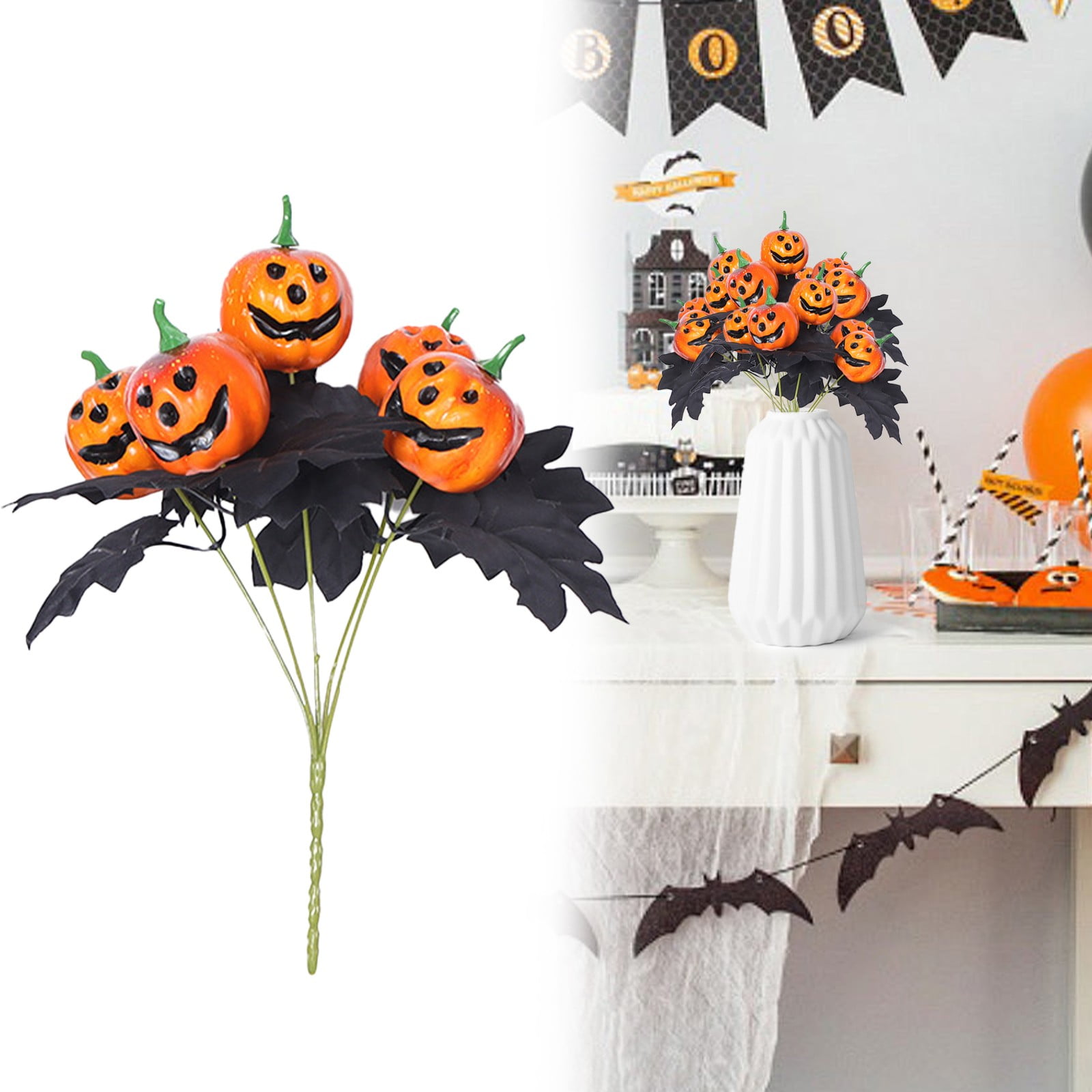 Prime Halloween Pumpkin Branches Artificial Black Maple Leaves Bouquet ...