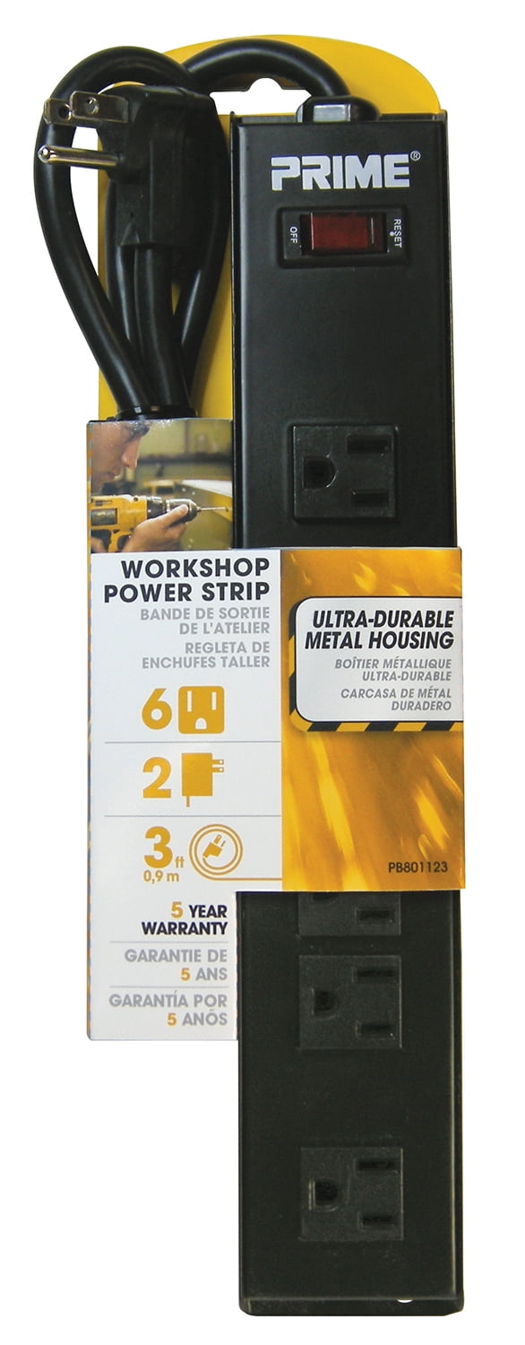 Prime 6 Outlet Black Metal Power Strip, 3' Cord, Circuit Breaker, Low ...