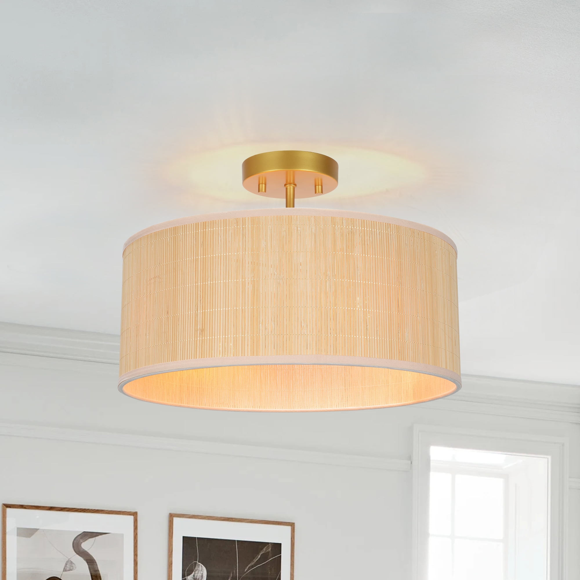 Prime Ray 4-Light Gold Drum Semi Flush Mount Ceiling Light with Natural ...