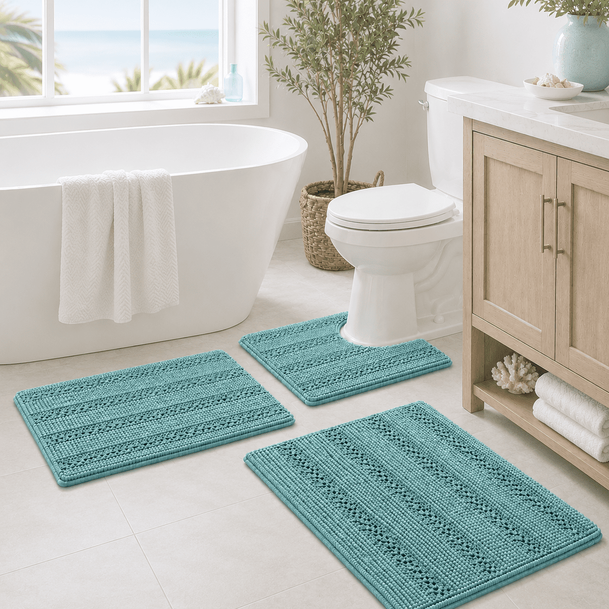 PrimeBeau Bathroom Rugs Sets Thick Striped Non Slip Soft Absorbent ...