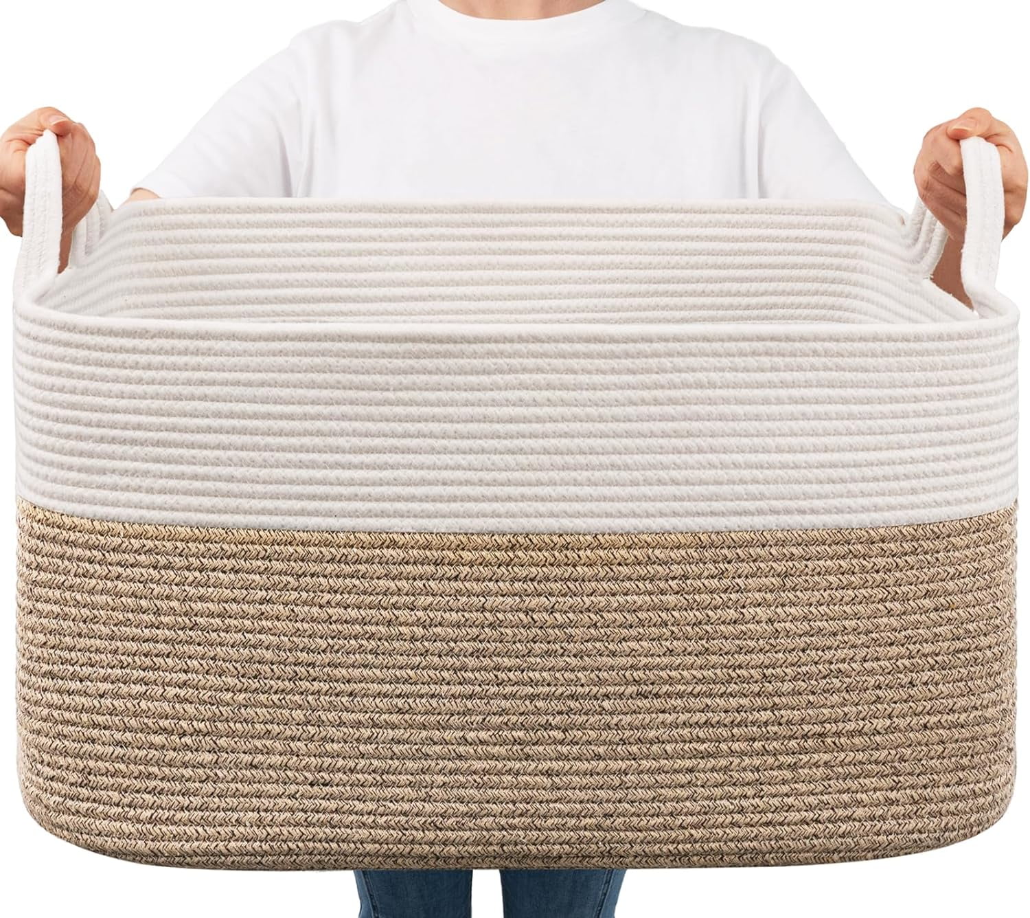 Large Rectangular Woven Cotton Rope Basket 21.6×14.9×11.8 in White ...