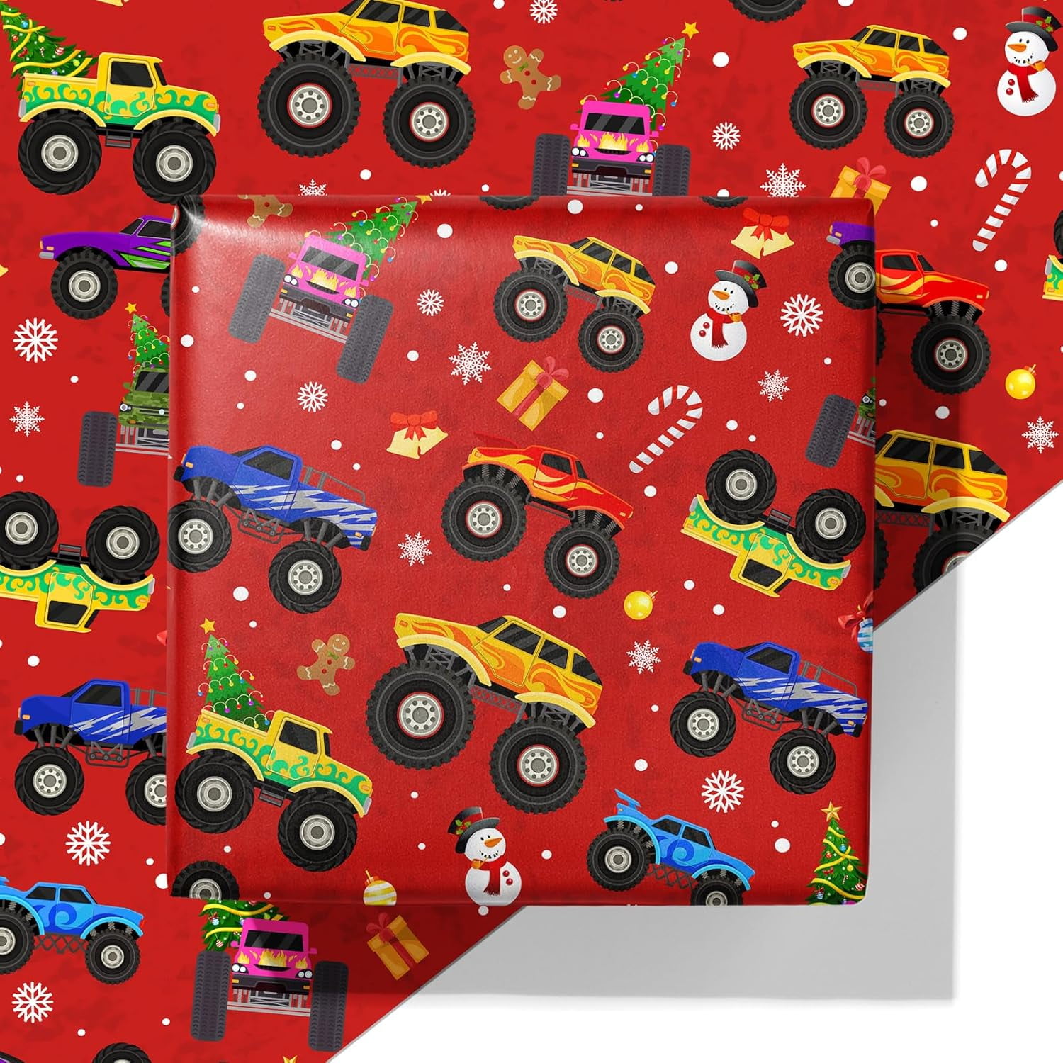 PrimeCook Shop Red Monster Truck Christmas Wrapping Paper - Xmas Gift ...
