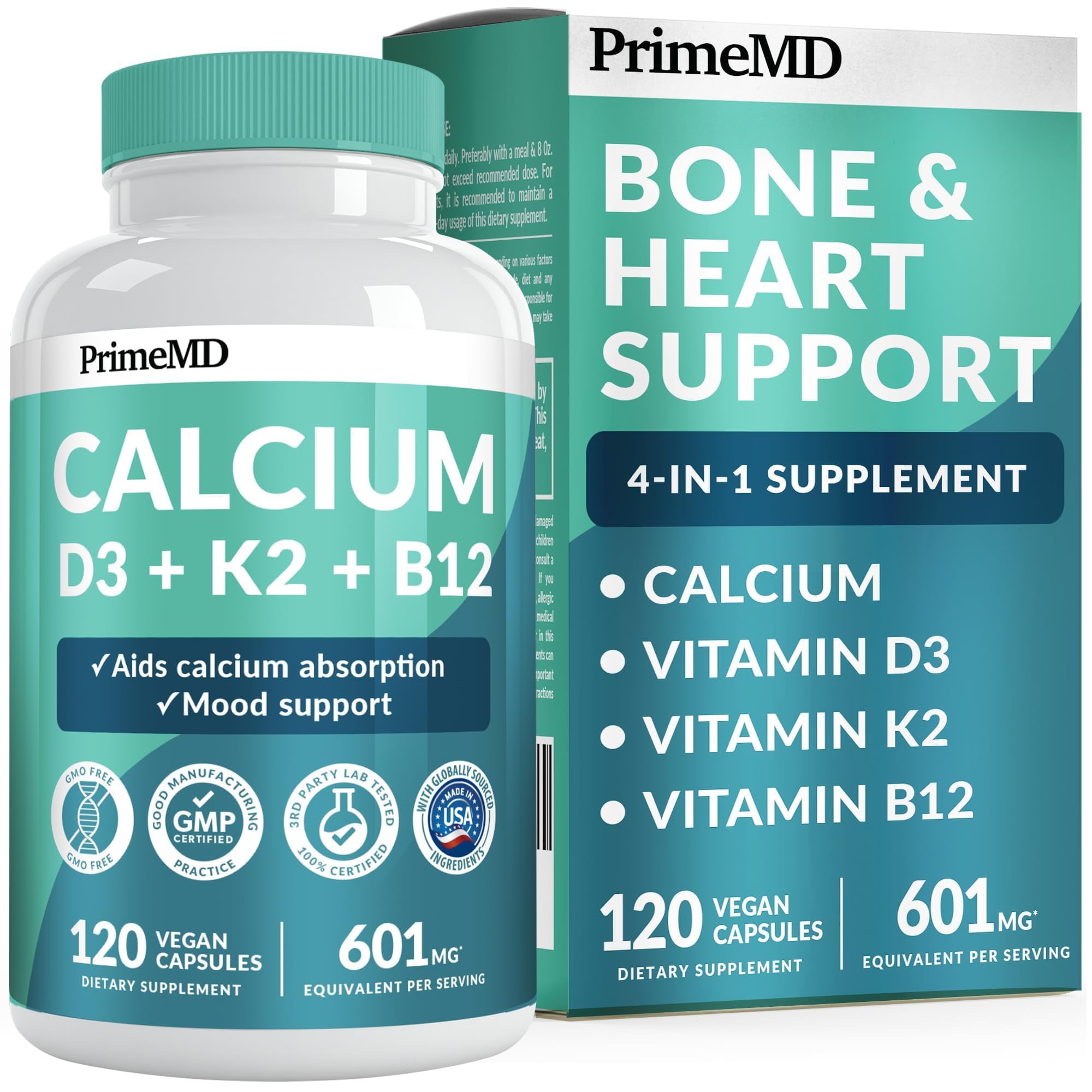 PrimeMD 4-in-1 Calcium Supplements for Women & Men - Calcium 600mg with Vitamin D3 K2 B12 5000 ...