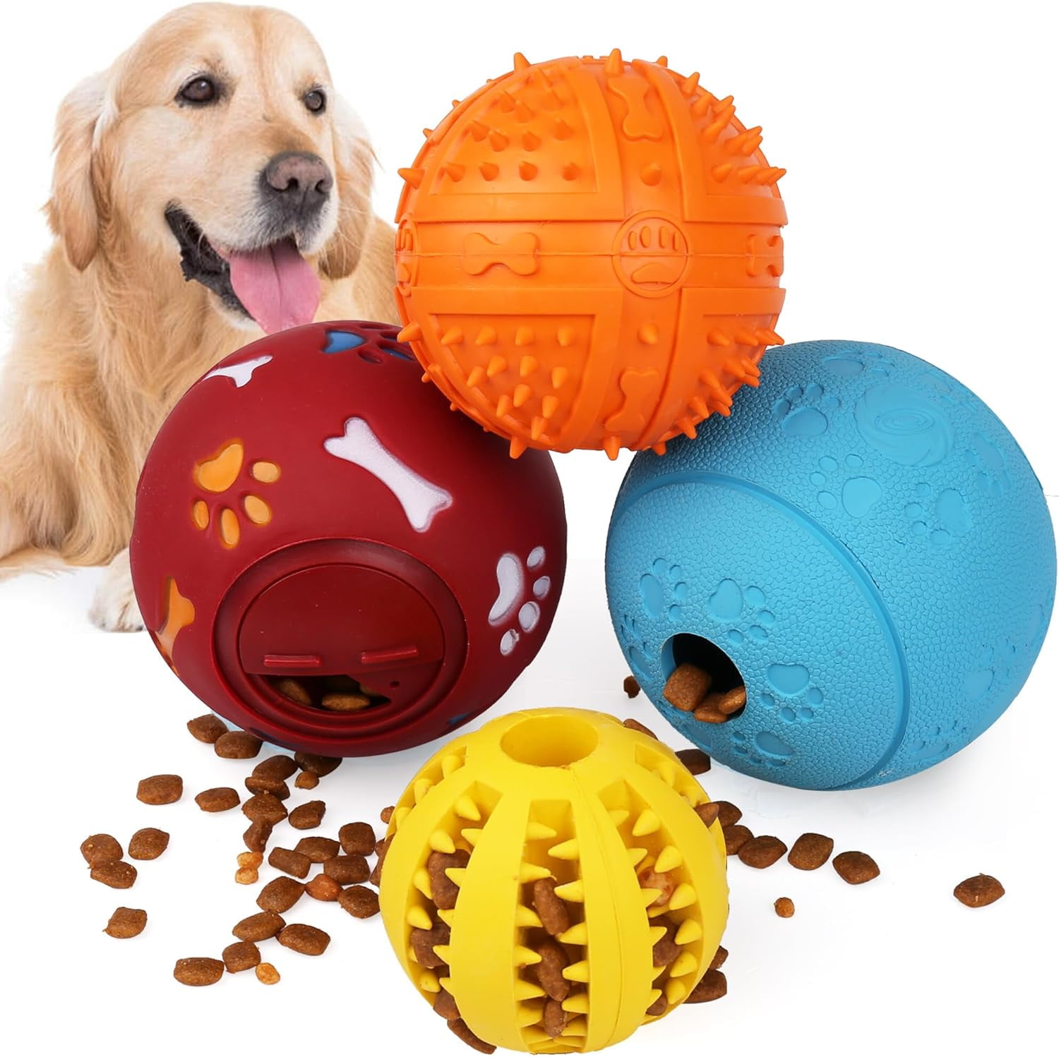 PrimePets Dog Treat Ball, 4 Pack Interactive Food Dispensing Puppy ...