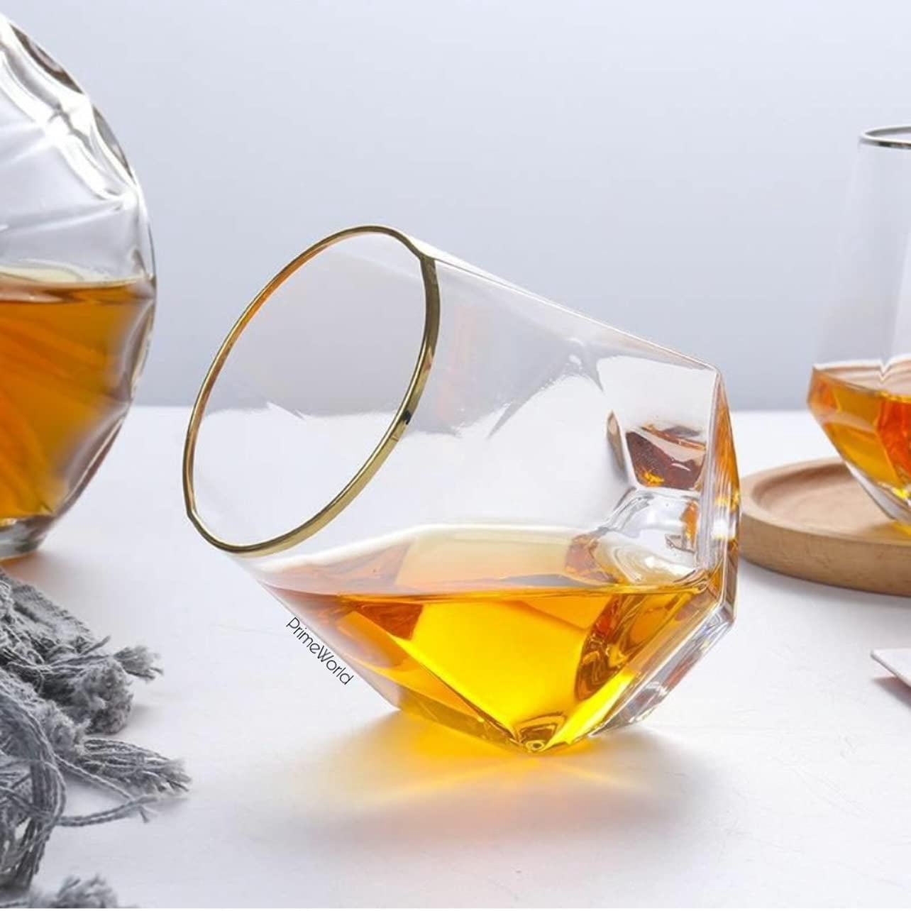 PrimeWorld Diamond Whiskey Glasses 300 ml Set of 6 Pcs Gold Banded ...