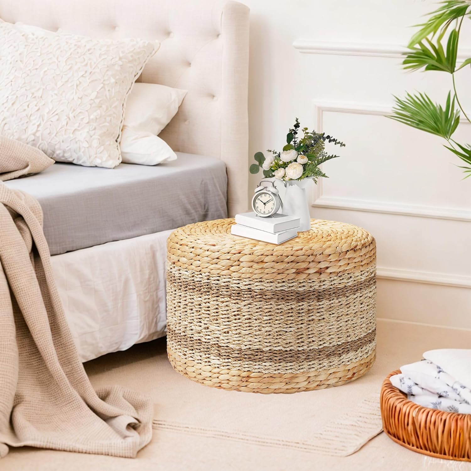 PrimeZone 18" x 18" x 12" Rattan Ottoman - Natural Seagrass Boho Foot ...