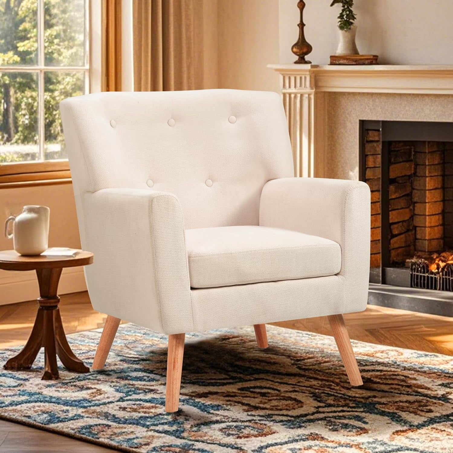 PrimeZone Mid-Century Modern Accent Chair - Fabric Living Room Chair, Reading Chair with Button ...