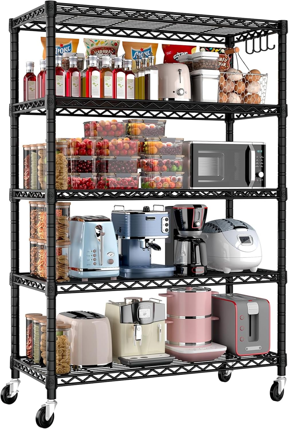 PrimeZone Wire Shelving Rack with Wheels, Adjustable Rolling Heavy Duty ...