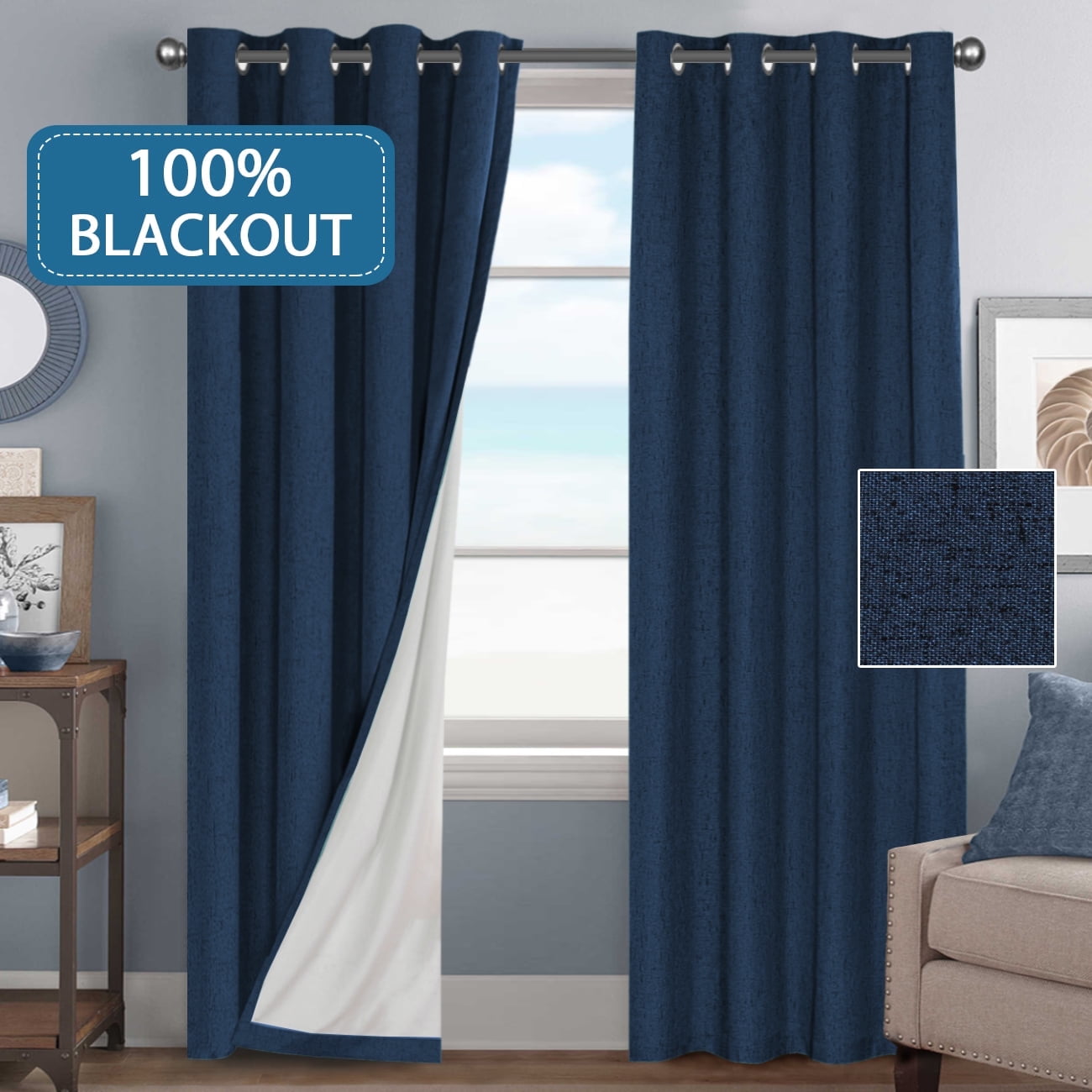 Primebeau 100% Blackout Look Drapes Grommet Faux Linen Curtains Panels ...