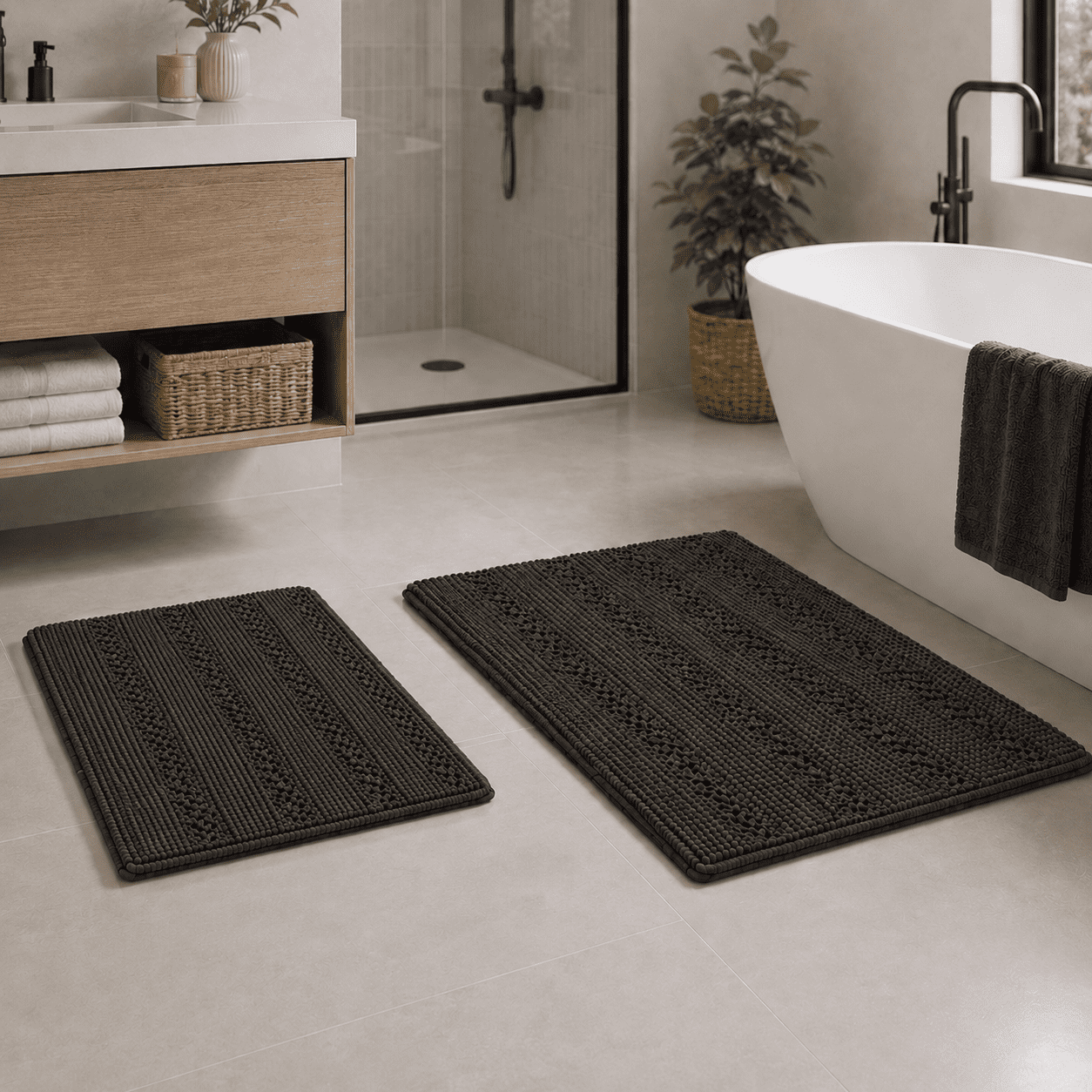 Primebeau Absorbent Bath Mats, Shaggy Chenille, Thick Floor Mats, Set ...