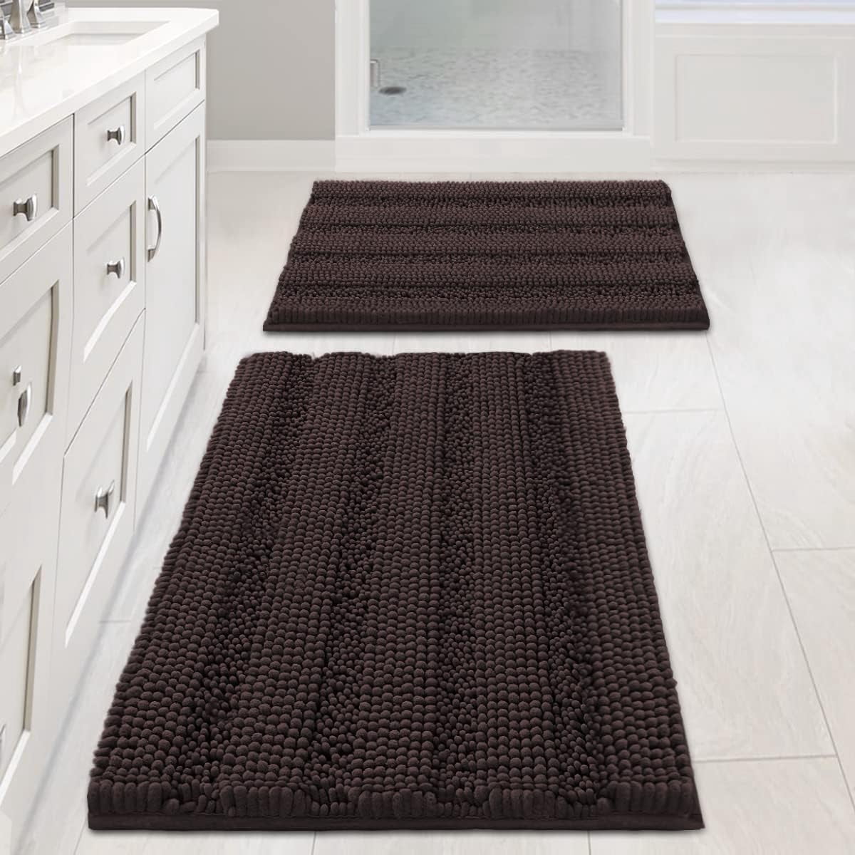 Primebeau Absorbent Bath Mats, Shaggy Chenille, Thick Floor Mats, Set ...