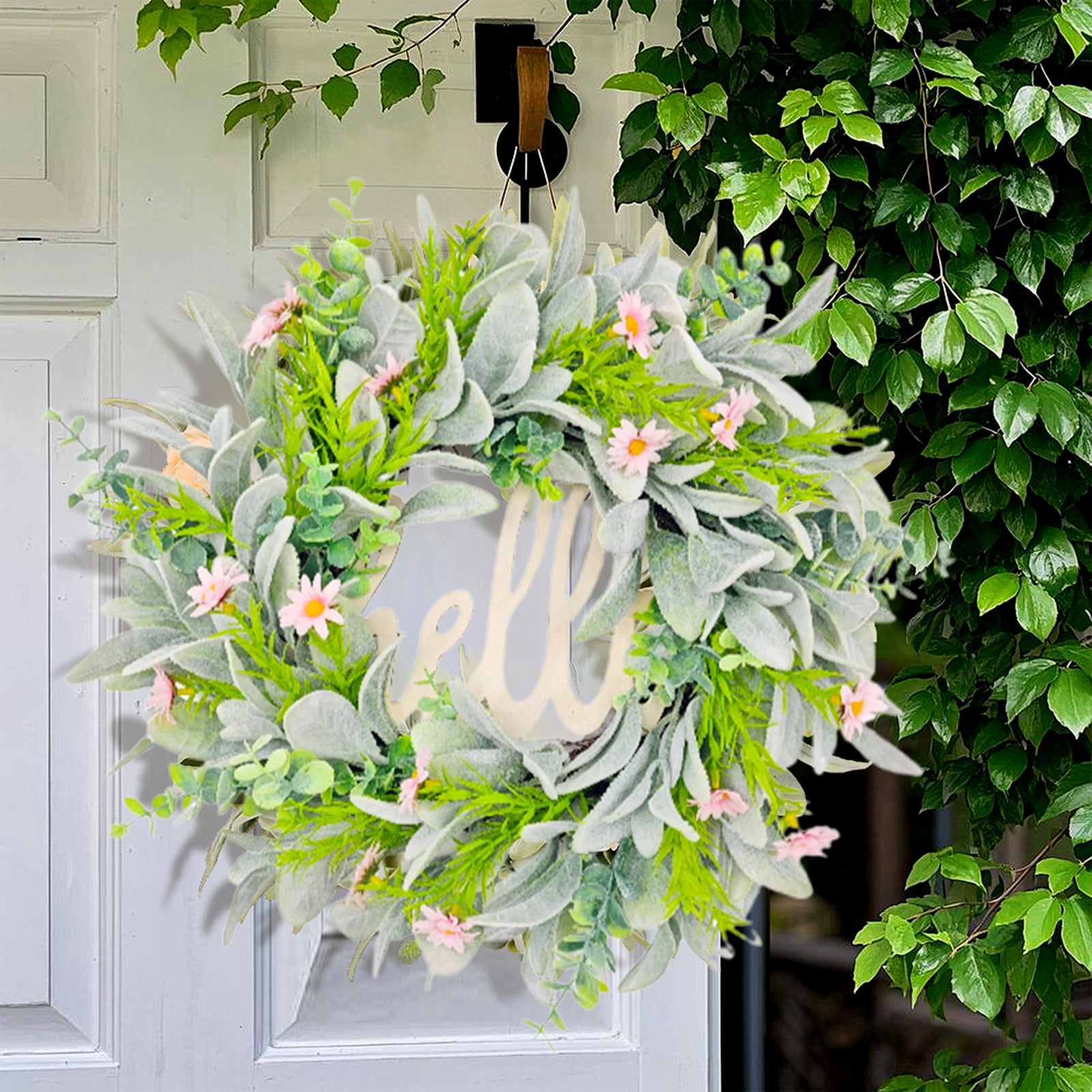 Primegos 15.8 Inch Spring Wreath Artificial Flower Wreath with Hello ...