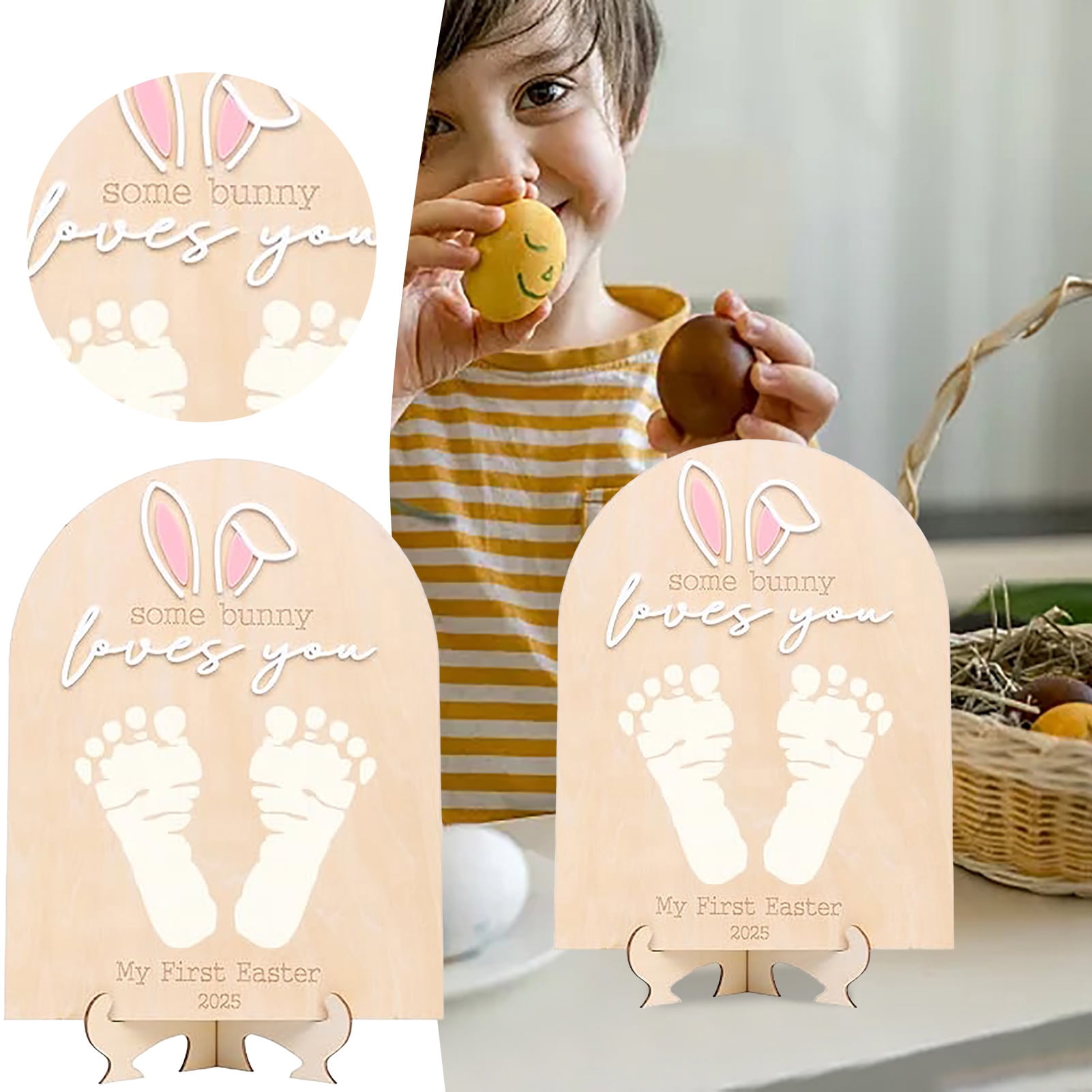 Primegos Easter Baby Footprint Table Sign with Base Some Bunny Loves You Footprint Easter Party ...