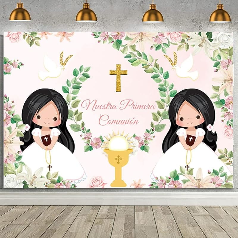 Primera Comunión Backdrop for Twin Girls Pink Baptism Decorations ...