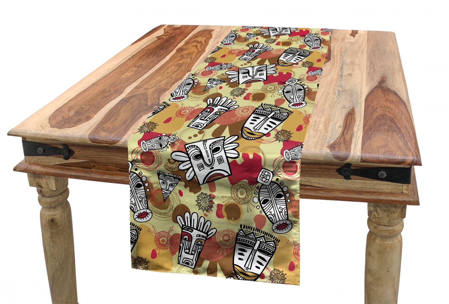 Primitive Table Runner, Cartoon Aboriginal Masks Feathers Sun ...