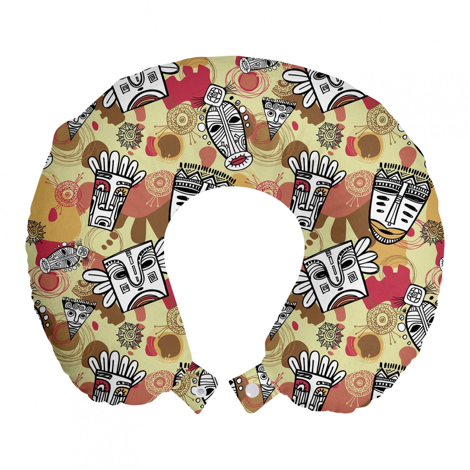 Primitive Travel Pillow Neck Rest, Cartoon Aboriginal Masks Feathers ...