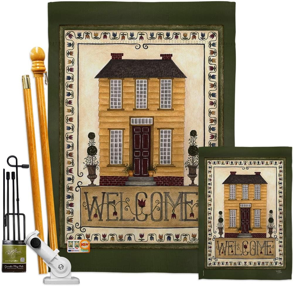 Primitive Welcome Yellow House Garden Flags Kit Country Living Farm ...