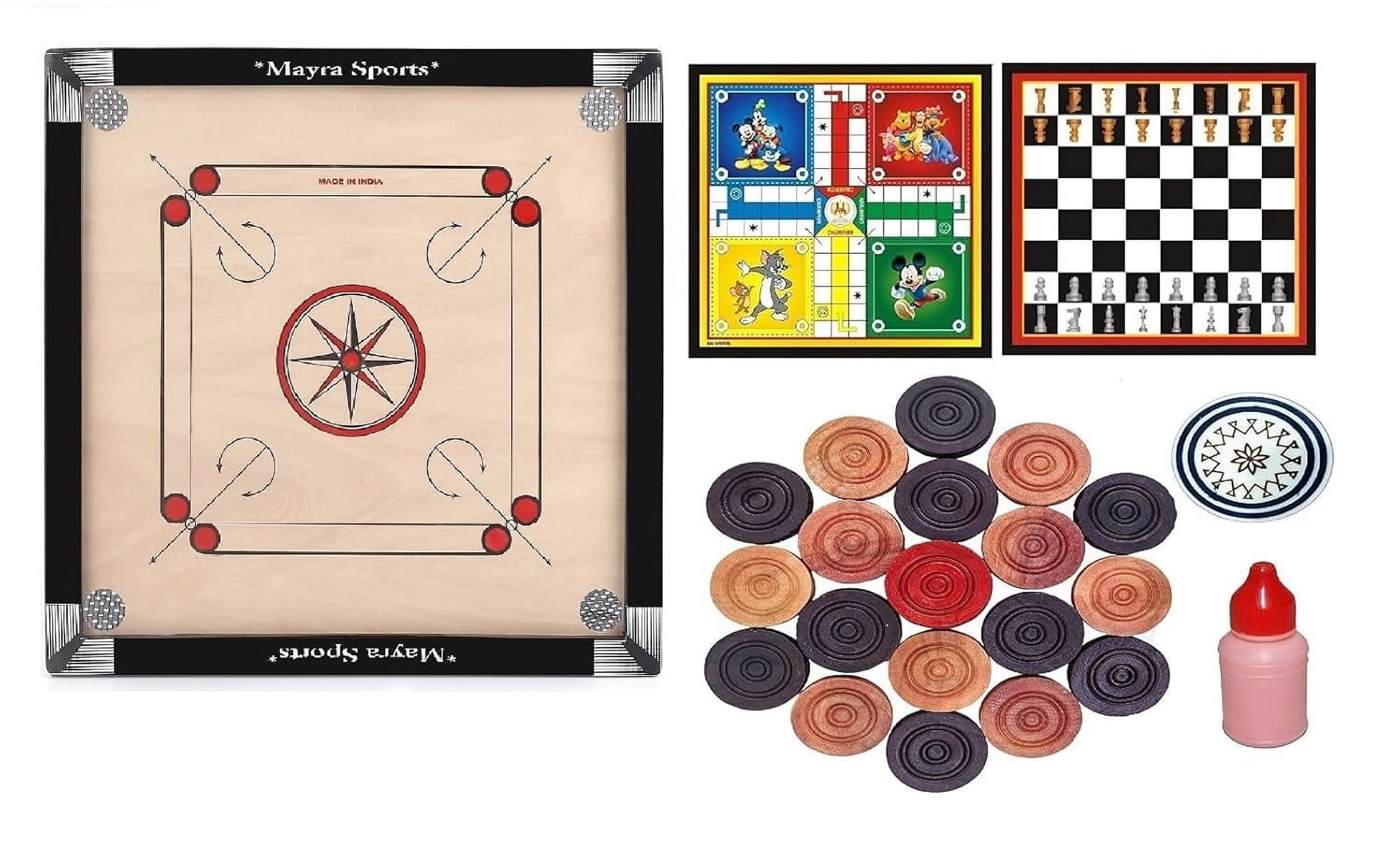 Primium Wooden Carrom Board With Ludo & Chess & All Accessories. (Small ...